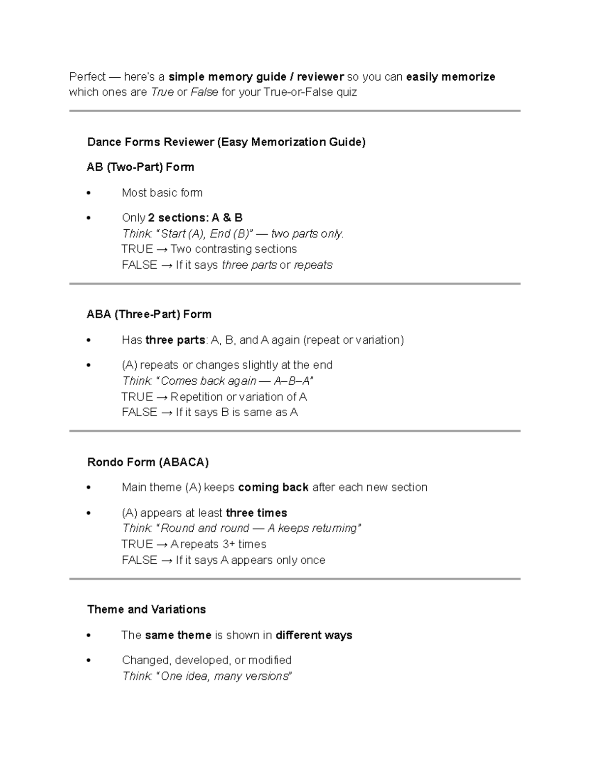 Dance Forms Quiz Review Guide (AB) - True/False Memory Aid - Studocu
