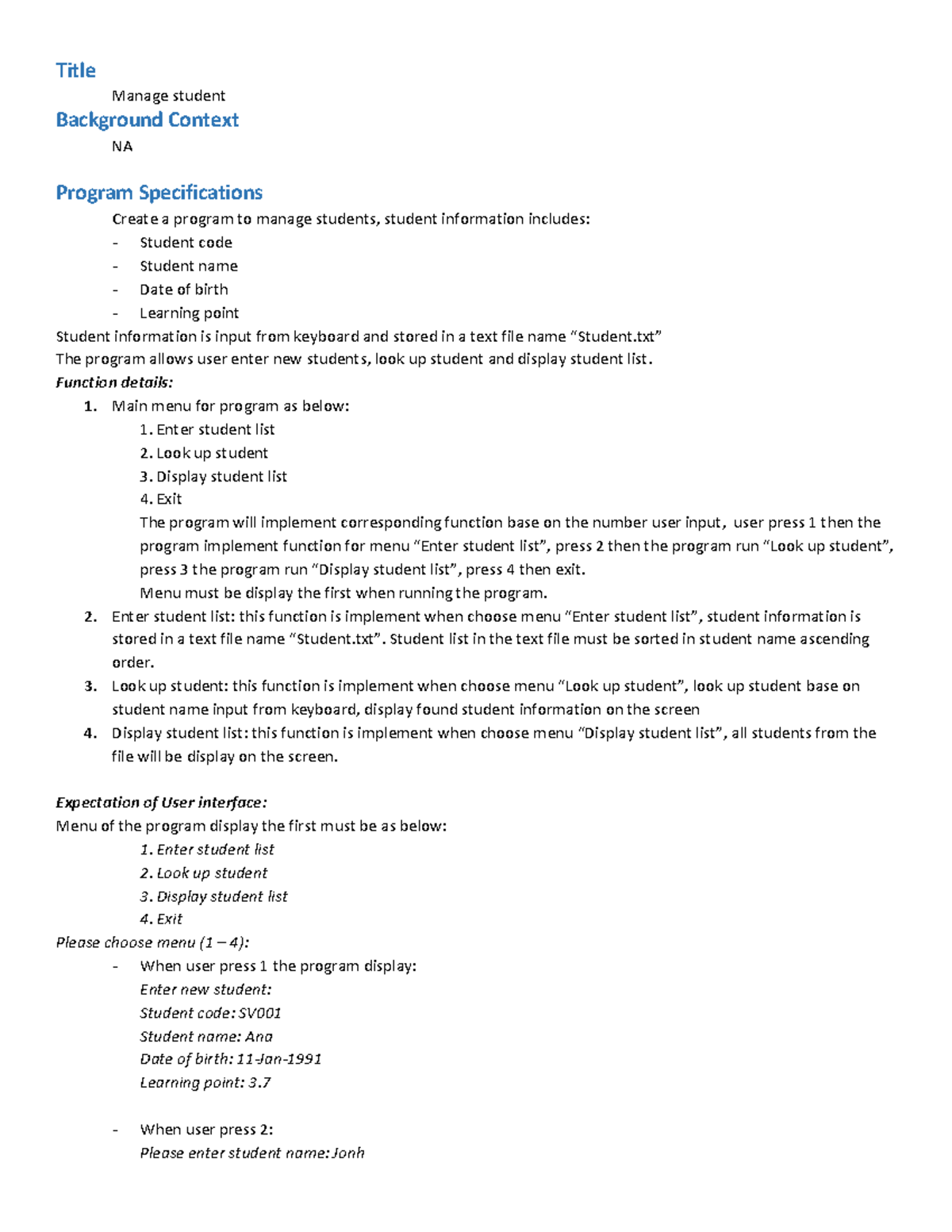 S01 - Lab Exercise: Student Management Program Specifications - Studocu