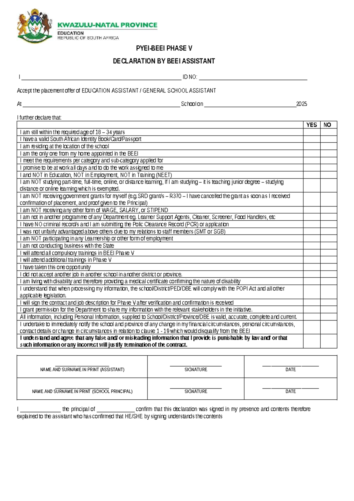 Declaration by Assistant for Phase V of PYEI BEEI - Studocu