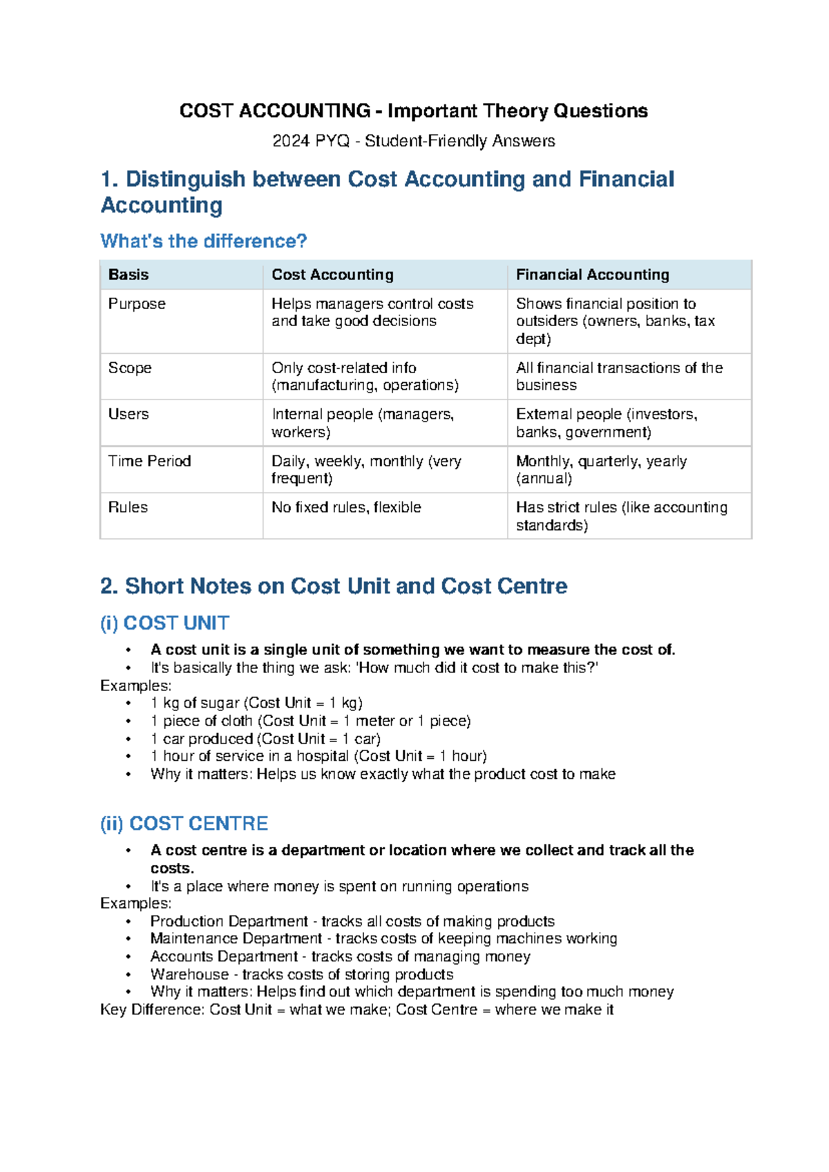 COST ACCOUNTING 2024: Key Theory Questions & PYQ Insights - Studocu
