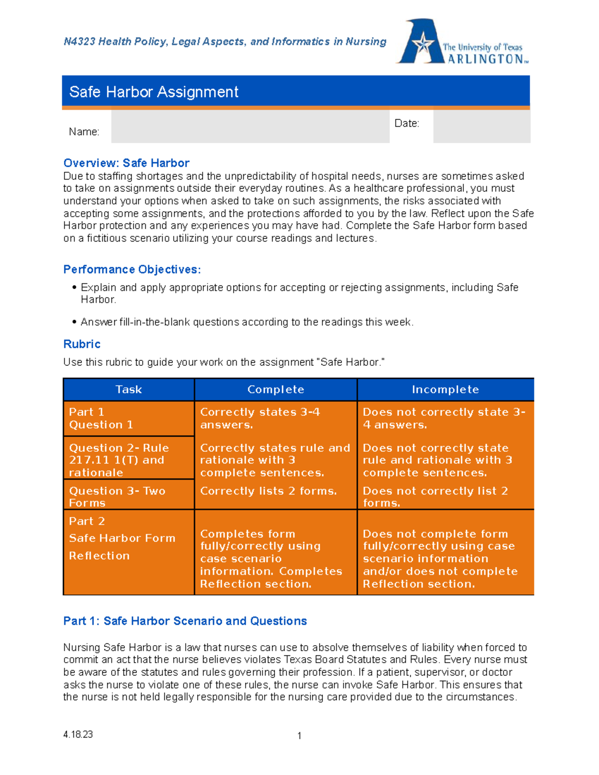 Safe Harbor Assignment 4: Navigating Nurse Responsibilities and Legal ...