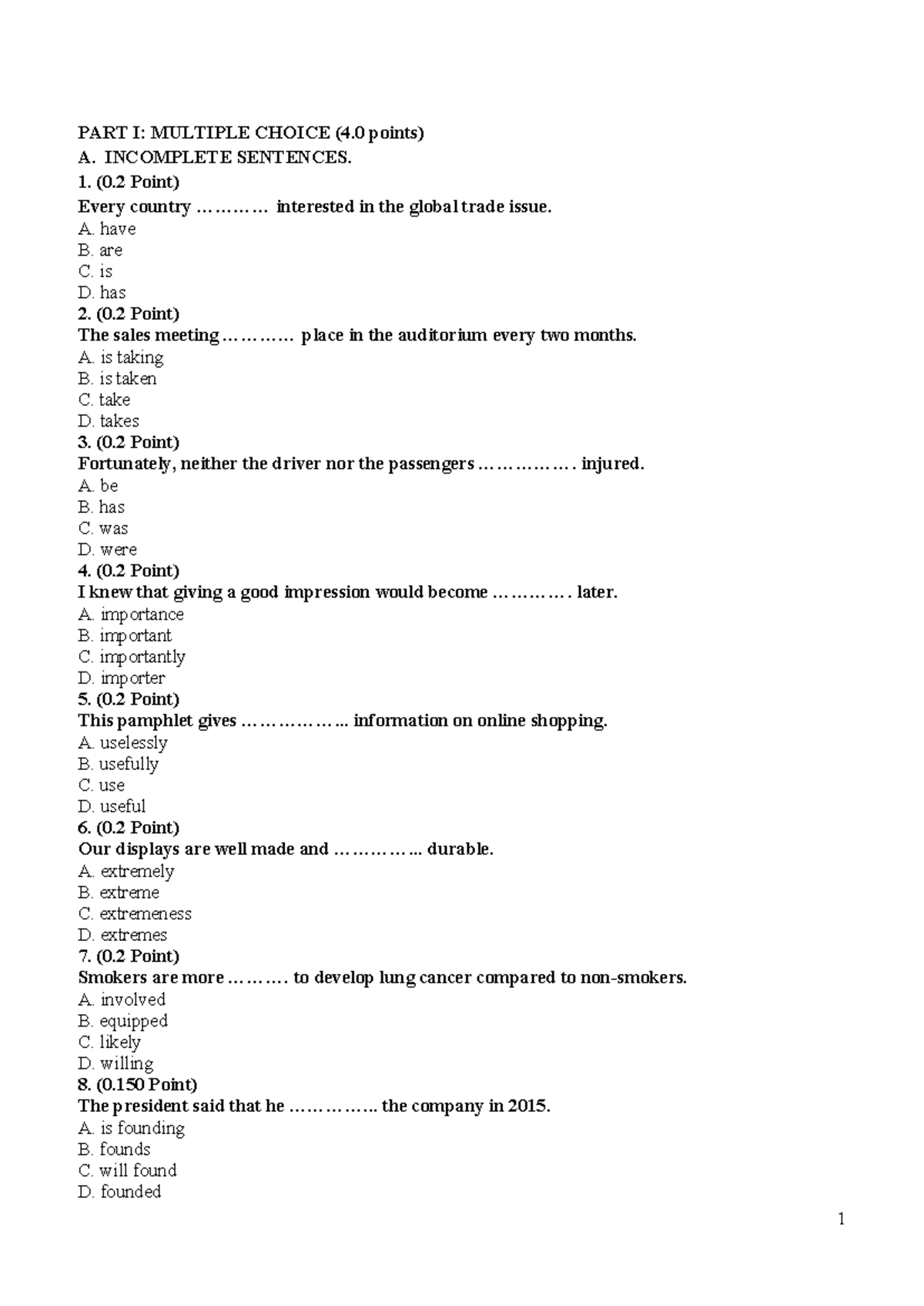 Sample Test - ENG 166: Multiple Choice & Short Essay Questions - Studocu