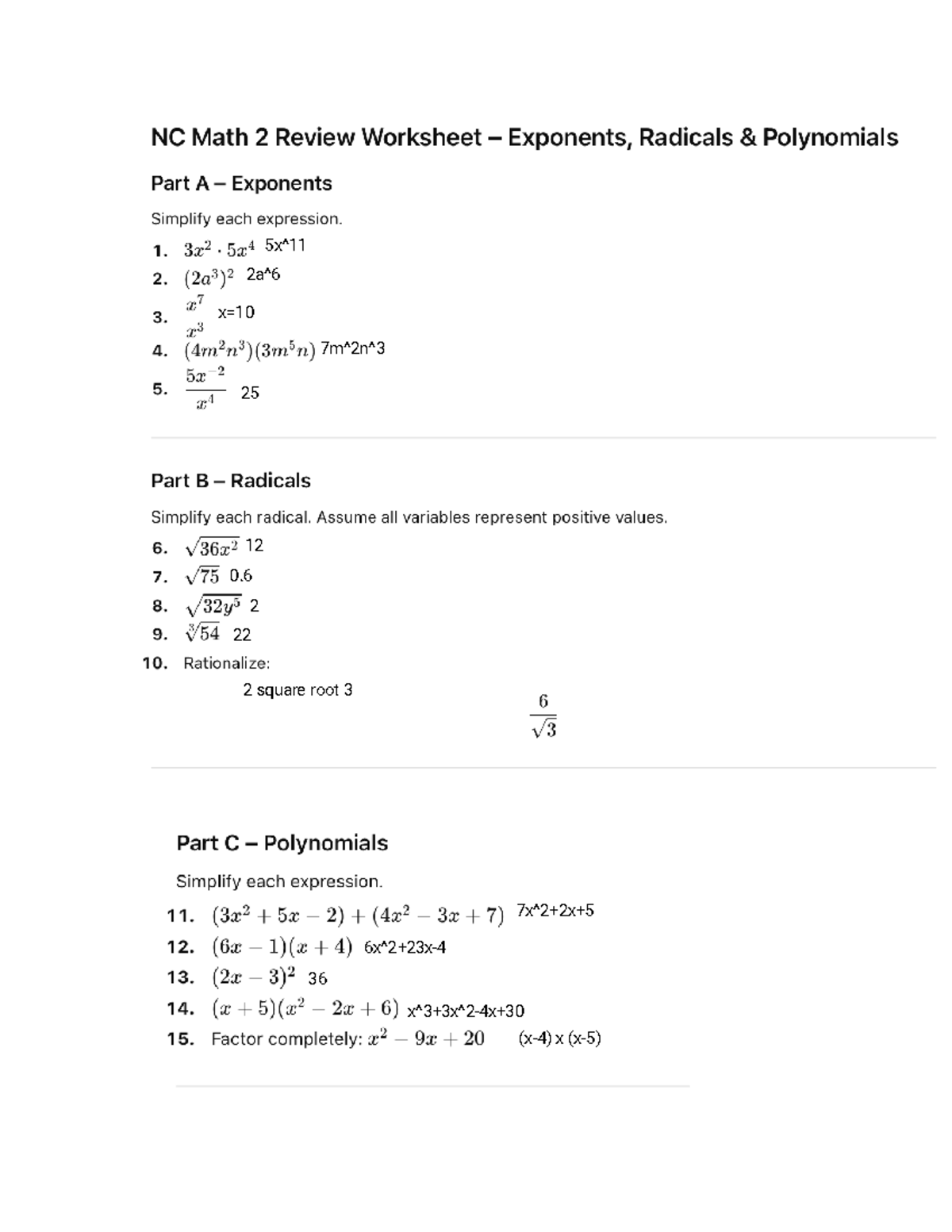 NC Math 2 Review Worksheet: Exponents, Radicals, Polynomials - Studocu