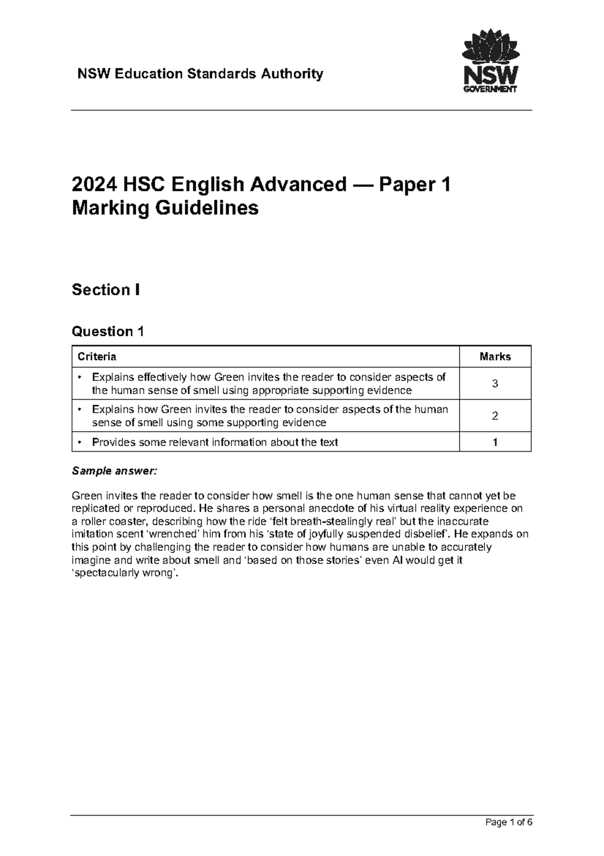 2024 HSC English Advanced Paper 1 Marking Guidelines - Studocu