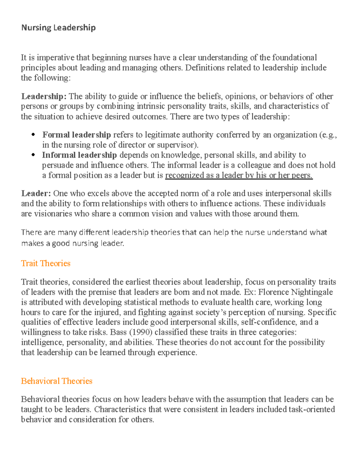 Nursing Leadership (NUR302) - Comprehensive Lecture Notes - Studocu