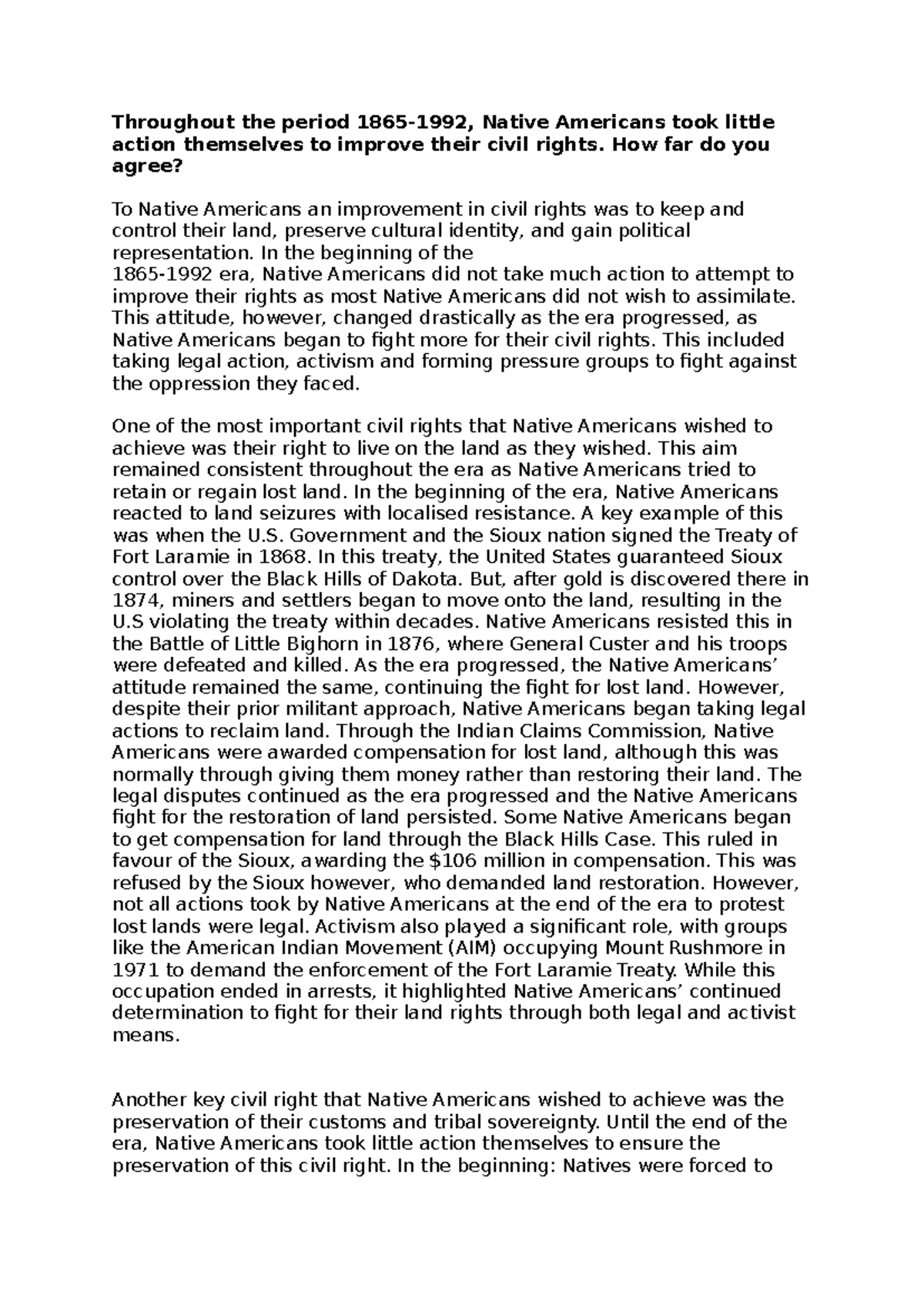 Native American Rights: Civil Rights Struggles 1865-1992 Essay - Studocu
