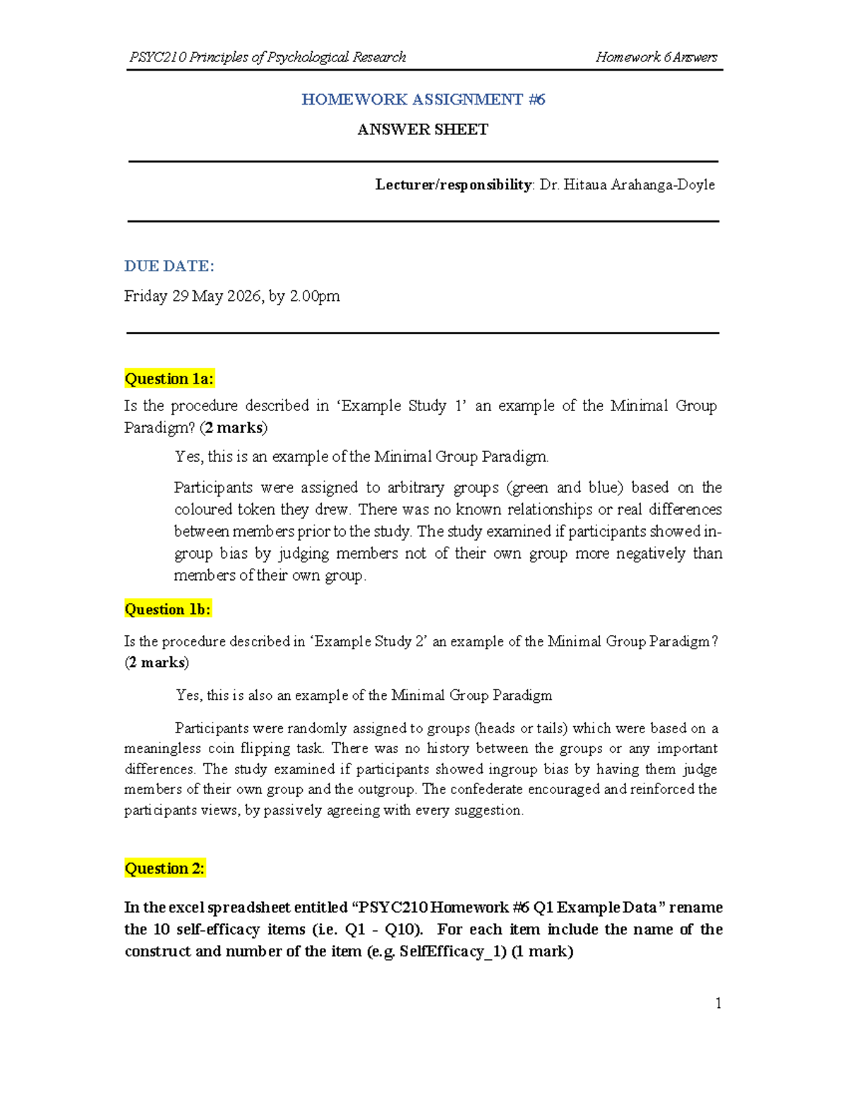 PSYC210 Homework 6: Principles of Psychological Research Answers - Studocu