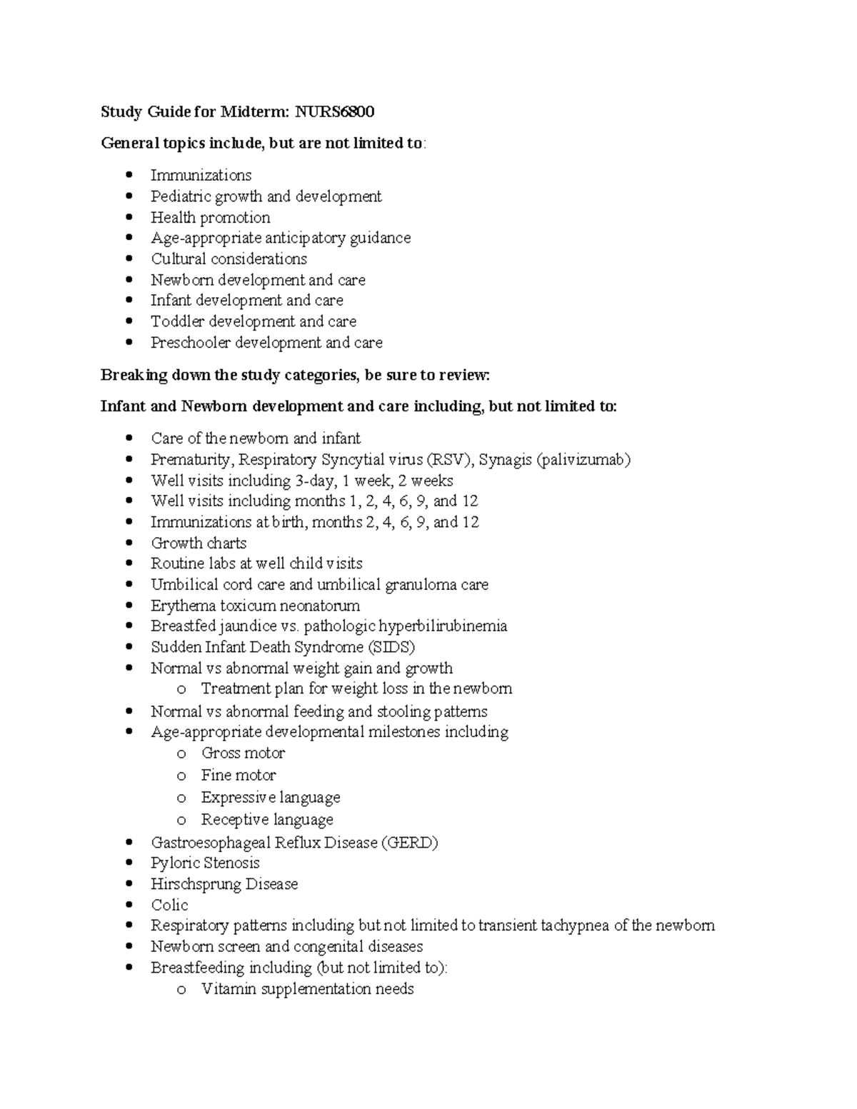 Midterm Study Guide for NURS6800: Pediatric Growth & Development - Studocu