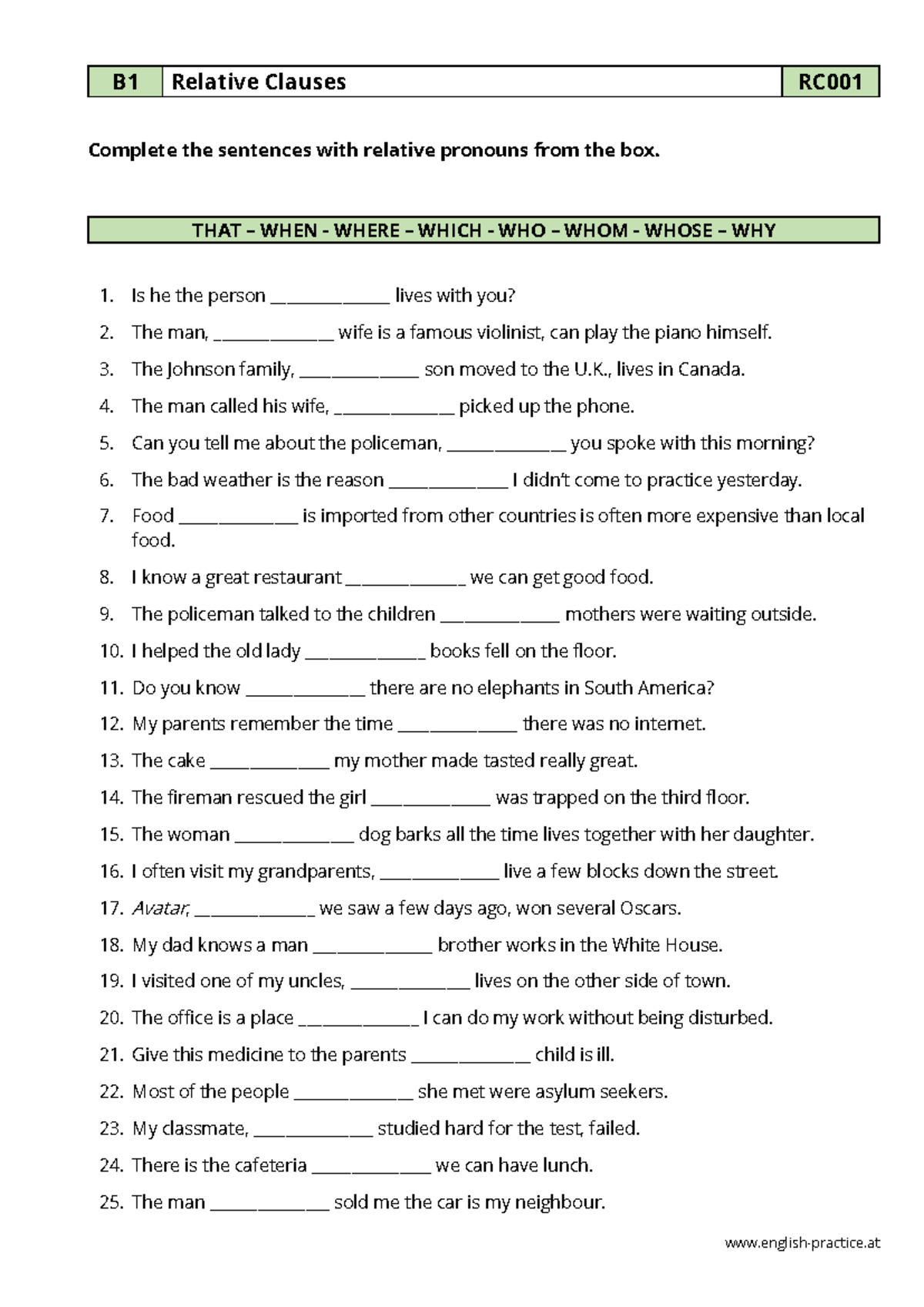 B1 RC001 Relative Clauses Practice Exercises - Studocu