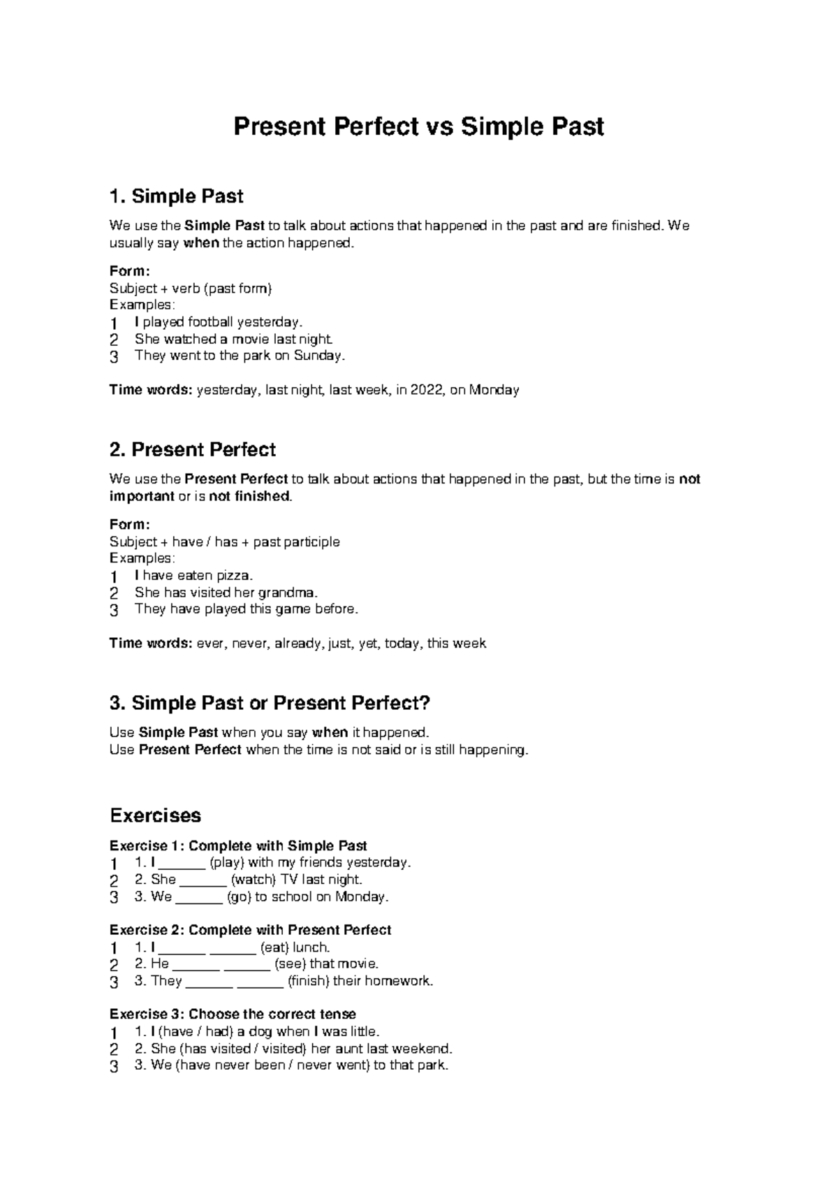 Title: Present Perfect vs Simple Past: Key Concepts & Exercises - Studocu