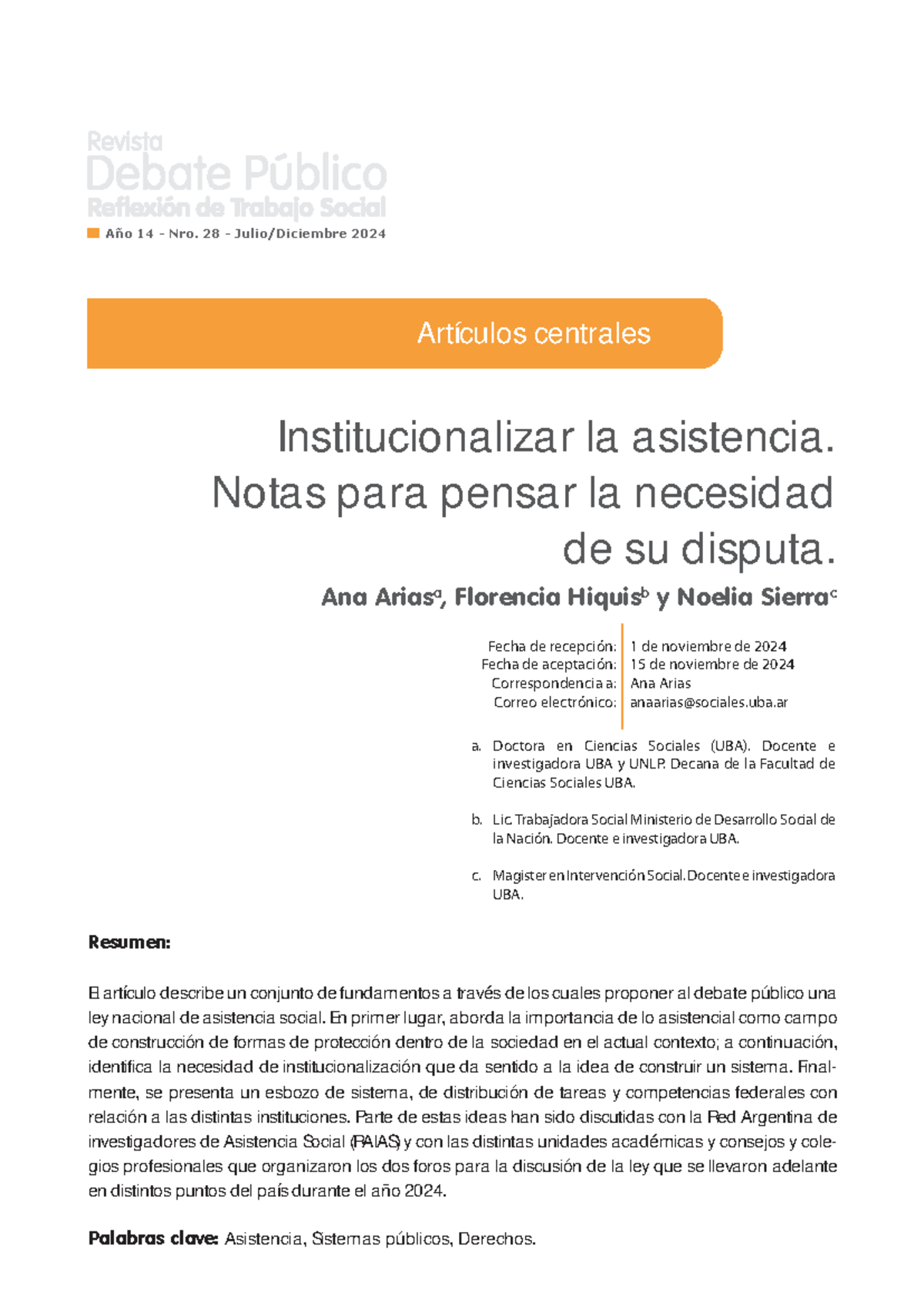 Institucionalización de la Asistencia Social: Reflexiones y Propuestas (Año 14 - Studocu