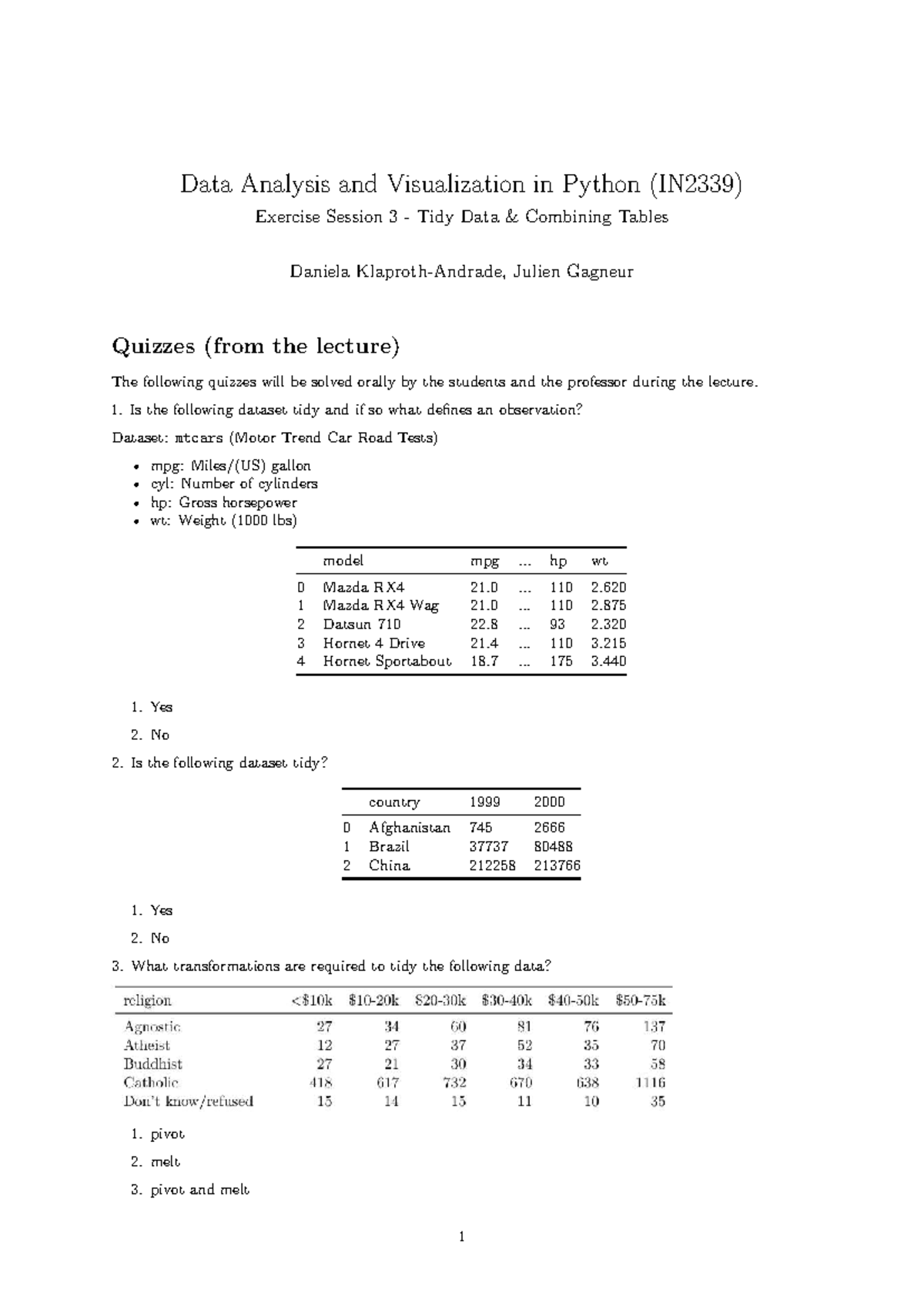 Data Analysis and Visualization in Python (IN2339) Exercise 03: Tidy Data - Studocu