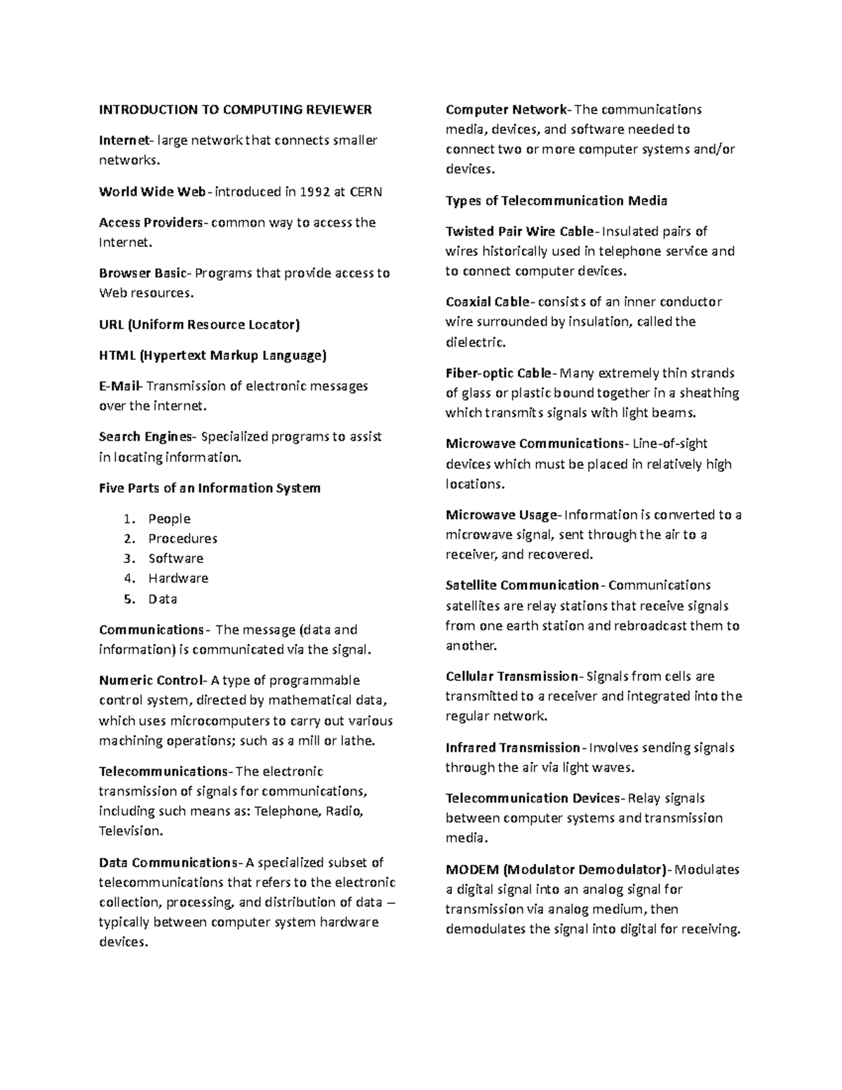 Introduction to Computing Reviewer - INTRODUCTION TO COMPUTING REVIEWER Internet- large network ...