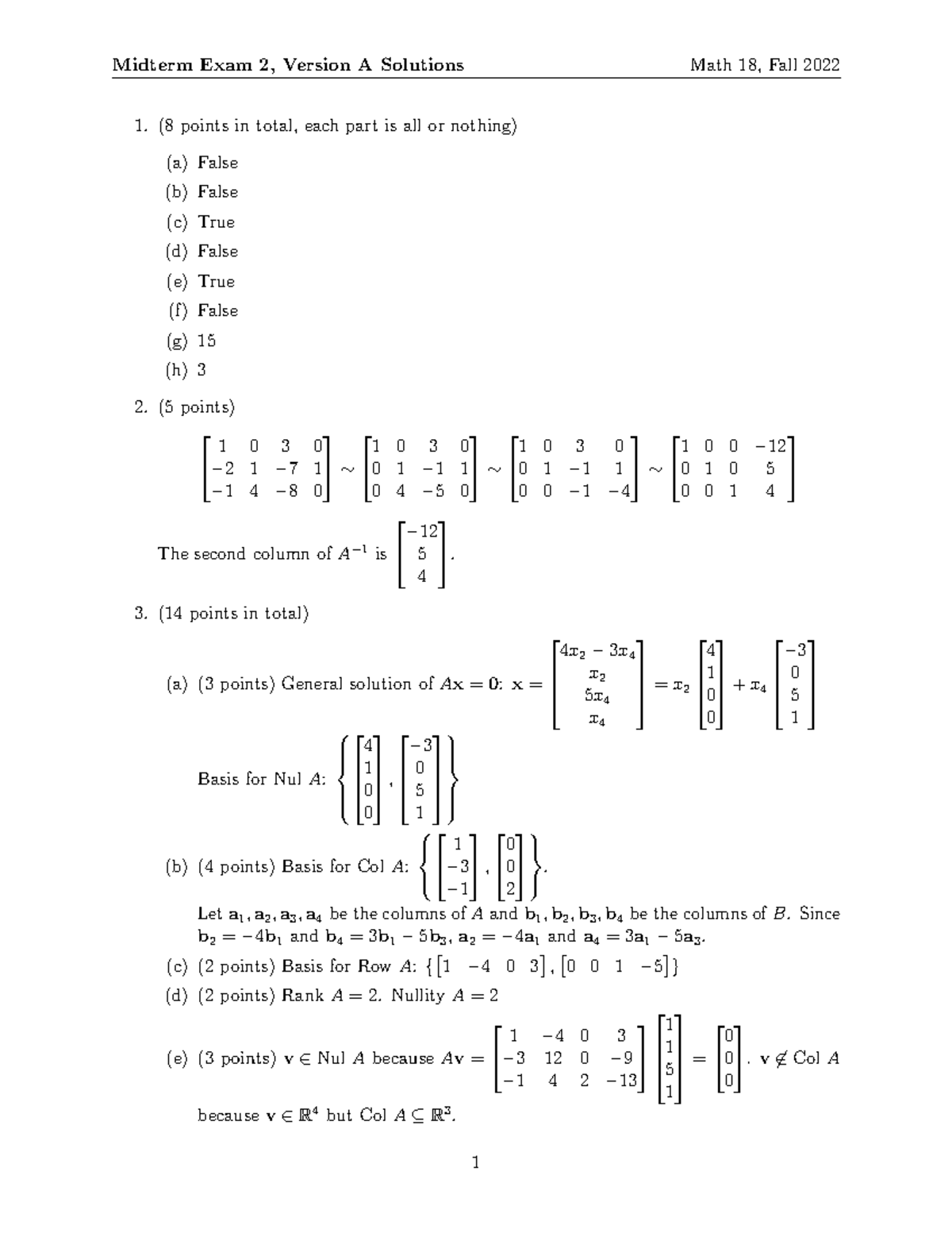 Midterm Exam 2, Version A Solutions for Math 18 - Fall 2022 - Studocu