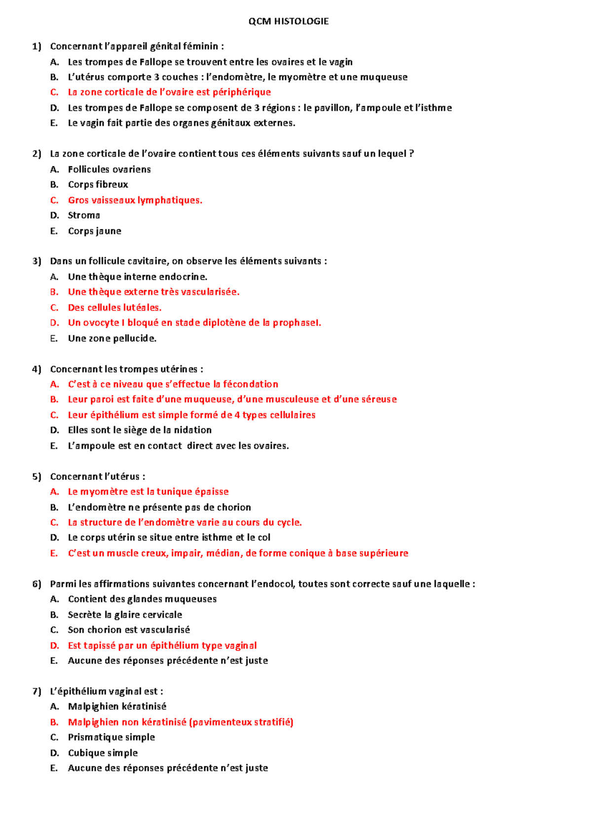 QCM HISTOLOGIE - Corrigé Complet des Questions sur le Système Génital ...