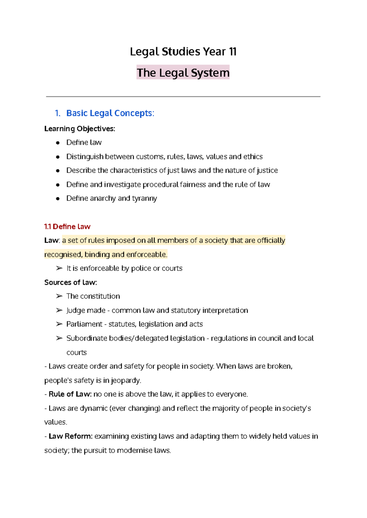 Legal Studies Year 11: The Legal System & Basic Legal Concepts Notes ...