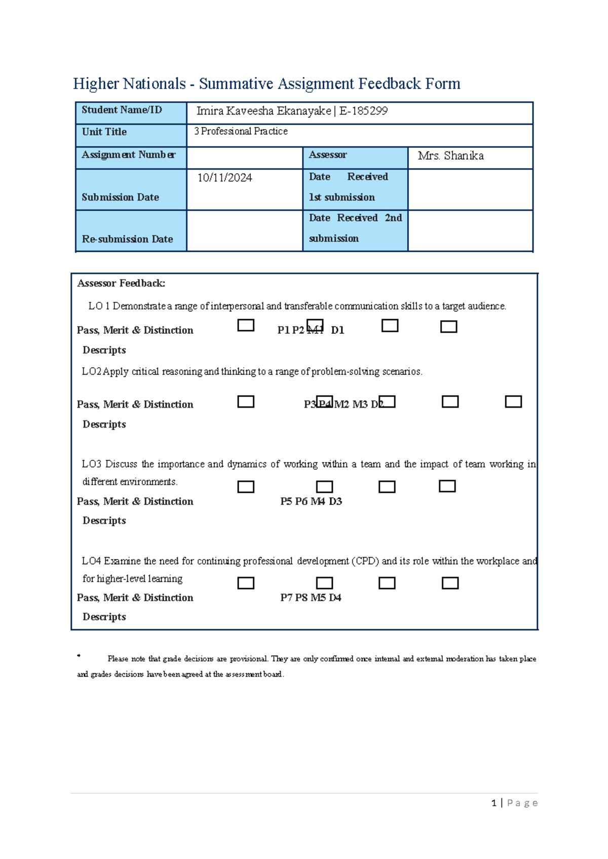 Unit 3 Professional Practice: Summative Assignment Feedback Form - Studocu