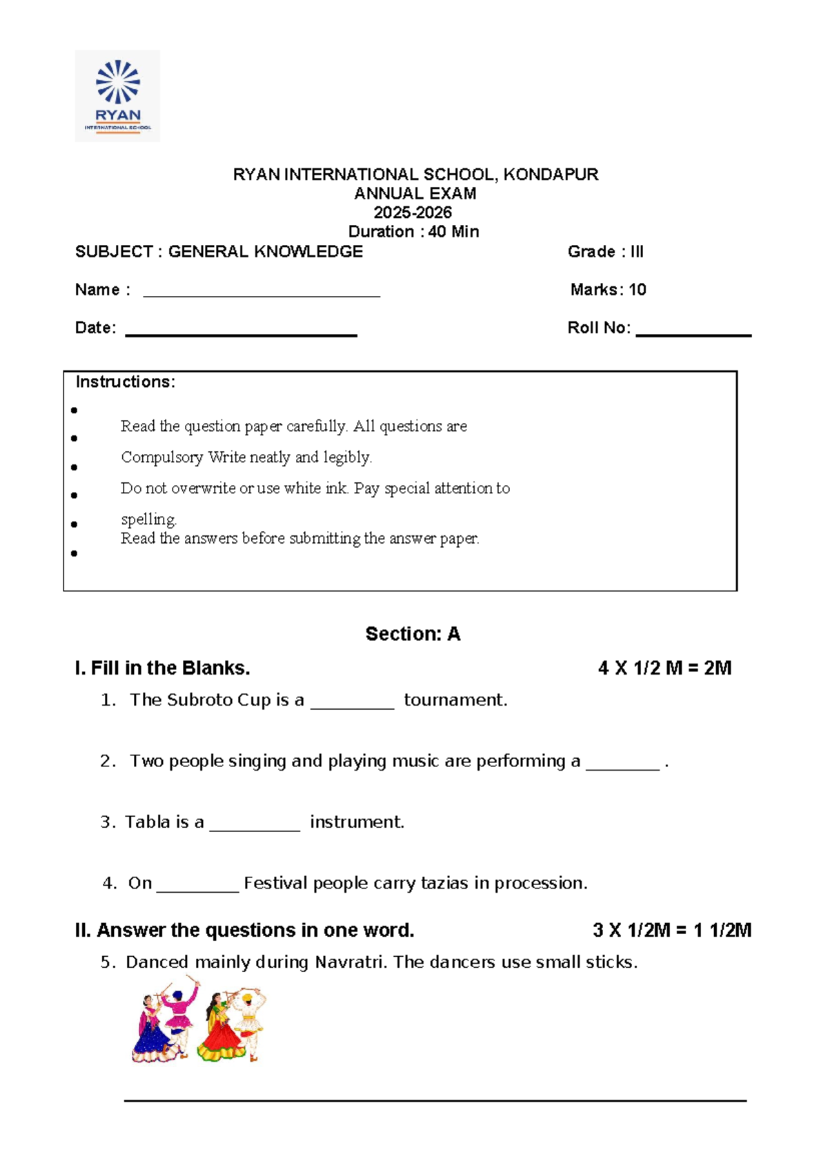 Grade 3 GK Annual Exam Paper 2025-2026 - RYAN INTERNATIONAL SCHOOL ...