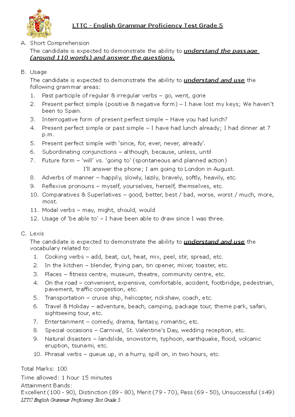 169 LTTC English Grammar Proficiency Test Sample for G5 - Studocu