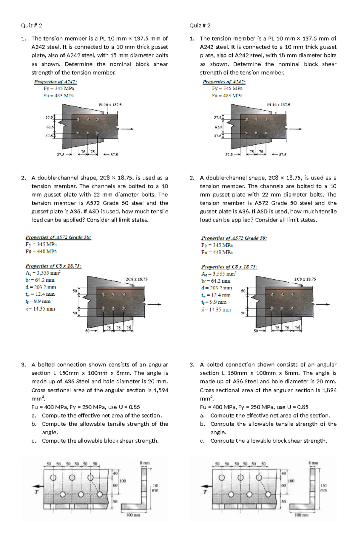 Quiz - 3A Tension Members - Quiz # 2 The tension member is a PL 10 mm × ...