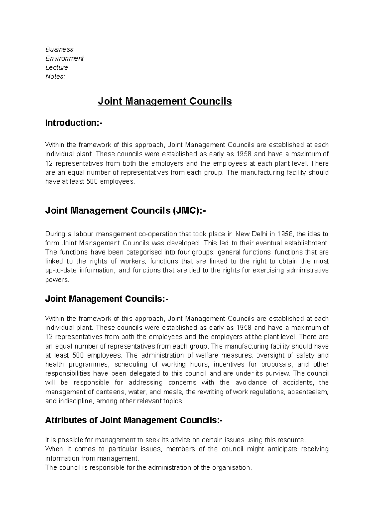Business Environment Lecture Notes: Joint Management Councils Overview ...