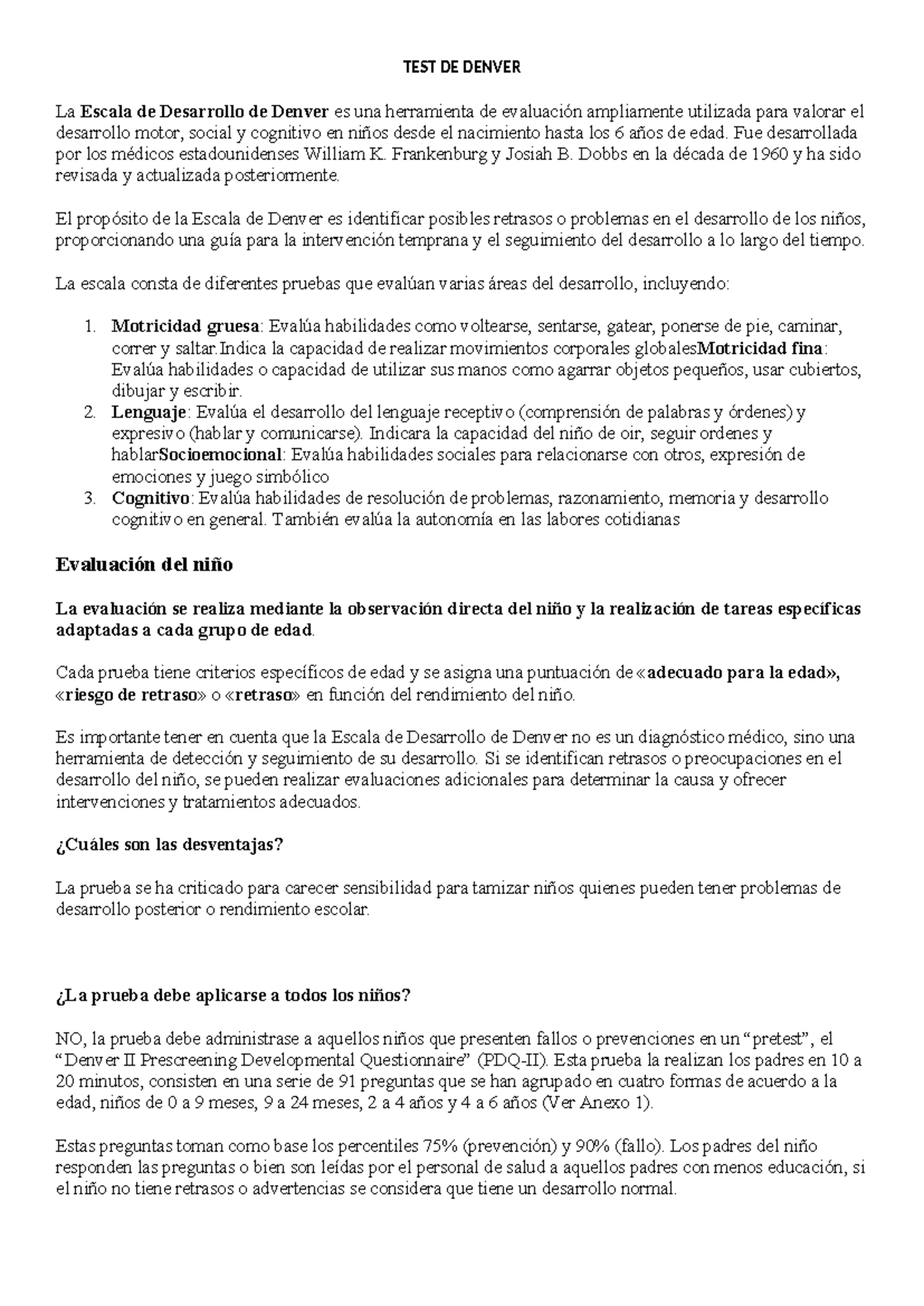 TEST DE DENVER II: Evaluación del Desarrollo Infantil - Studocu