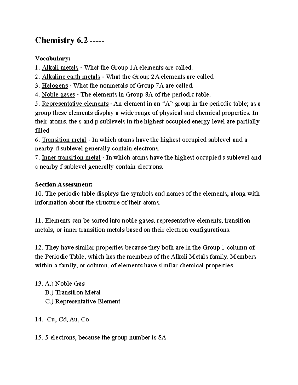 Chemistry 6: Key Vocabulary and Concepts of Elements and Groups - Studocu