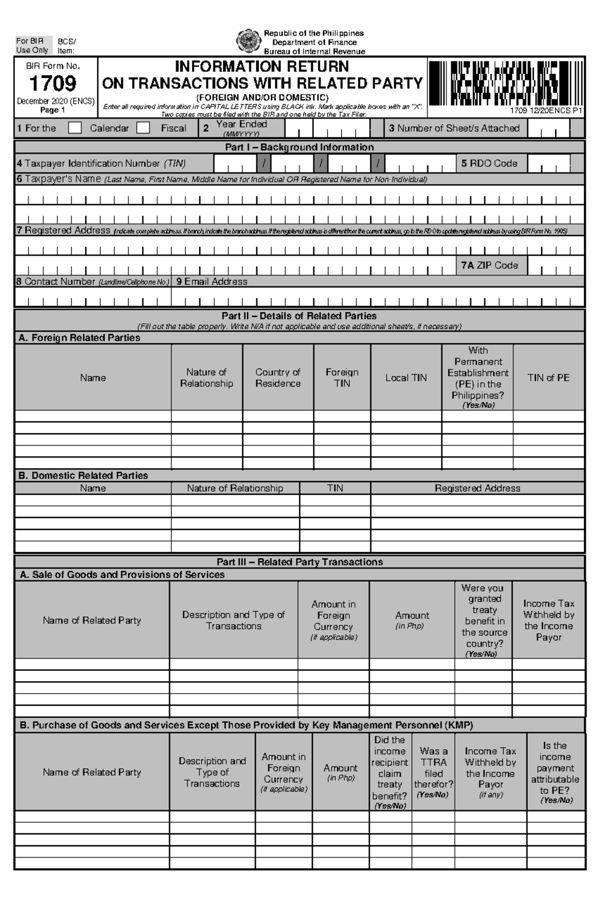 1709 - BIR FORMS - BIR Form No**.** 1709 December 2020 (ENCS) Page 1 ...