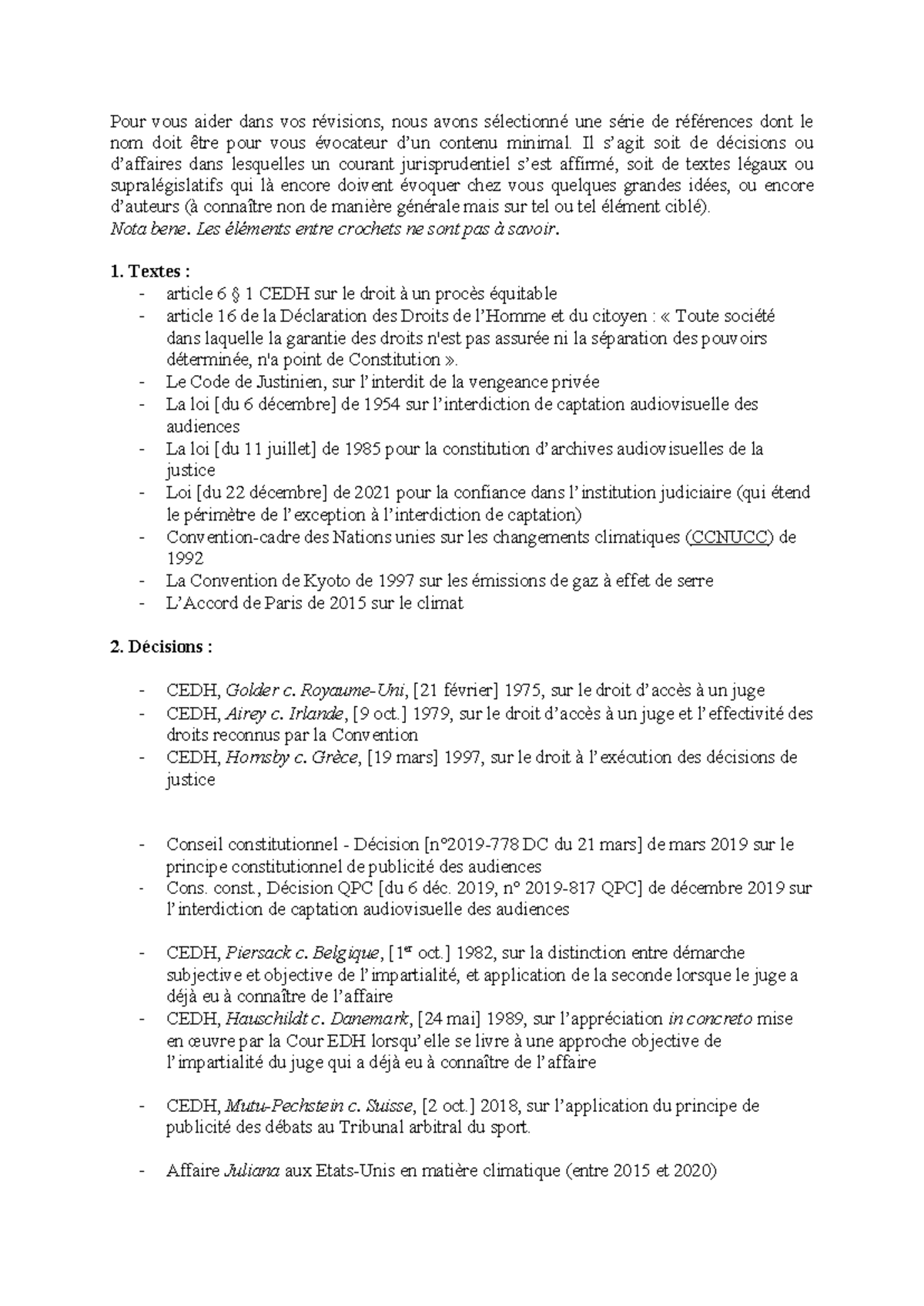 Liste de Références: Principes Généraux du Procès (Droit) - Studocu