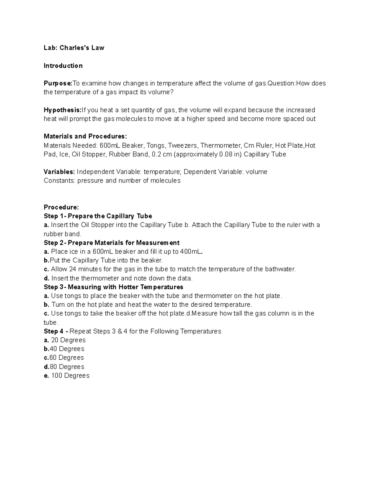 Lab Charles's Law - Lab report for Lab Charles Law - Lab: Charles's Law ...