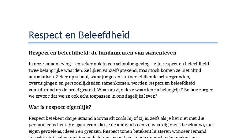 WERK: Respect en Beleefdheid in de Schoolomgeving - Studocu