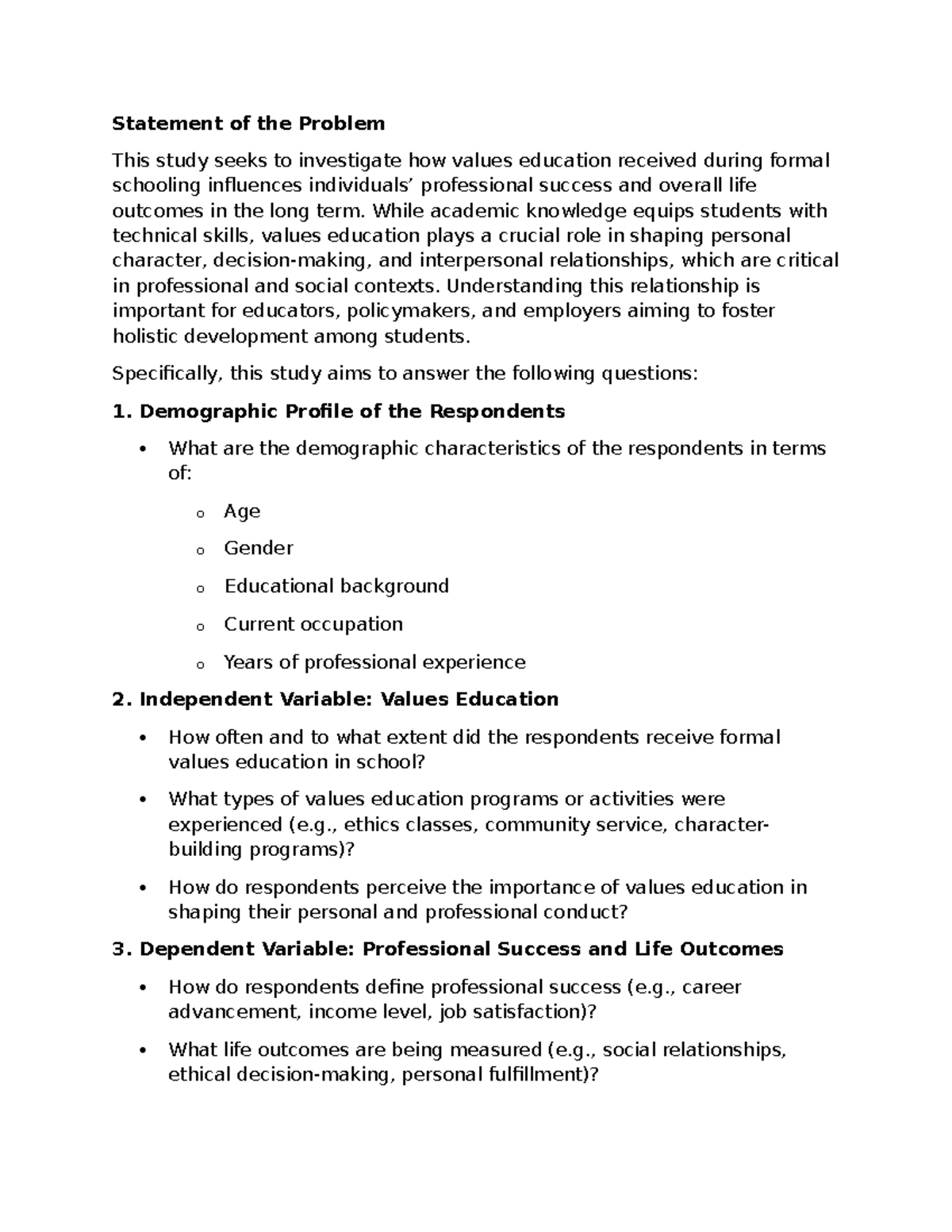 SOP-g2: Investigating Values Education's Impact on Professional Success ...