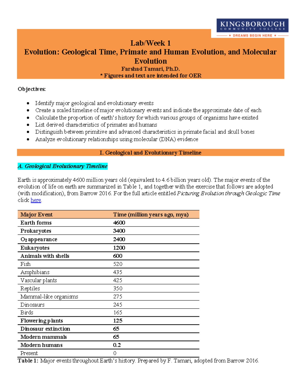 Lab 1: Geological and Molecular Evolution, Primate & Human Development - Lab/Week 1 Evolution ...