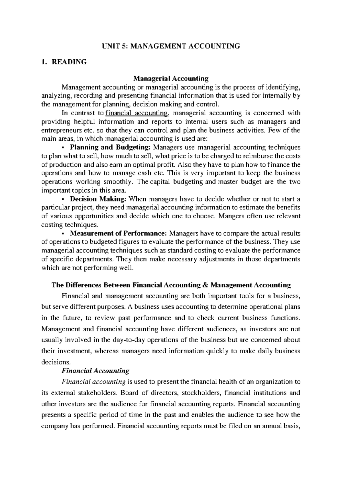 Unit 5: Managerial accounting overview and key concepts - Studocu