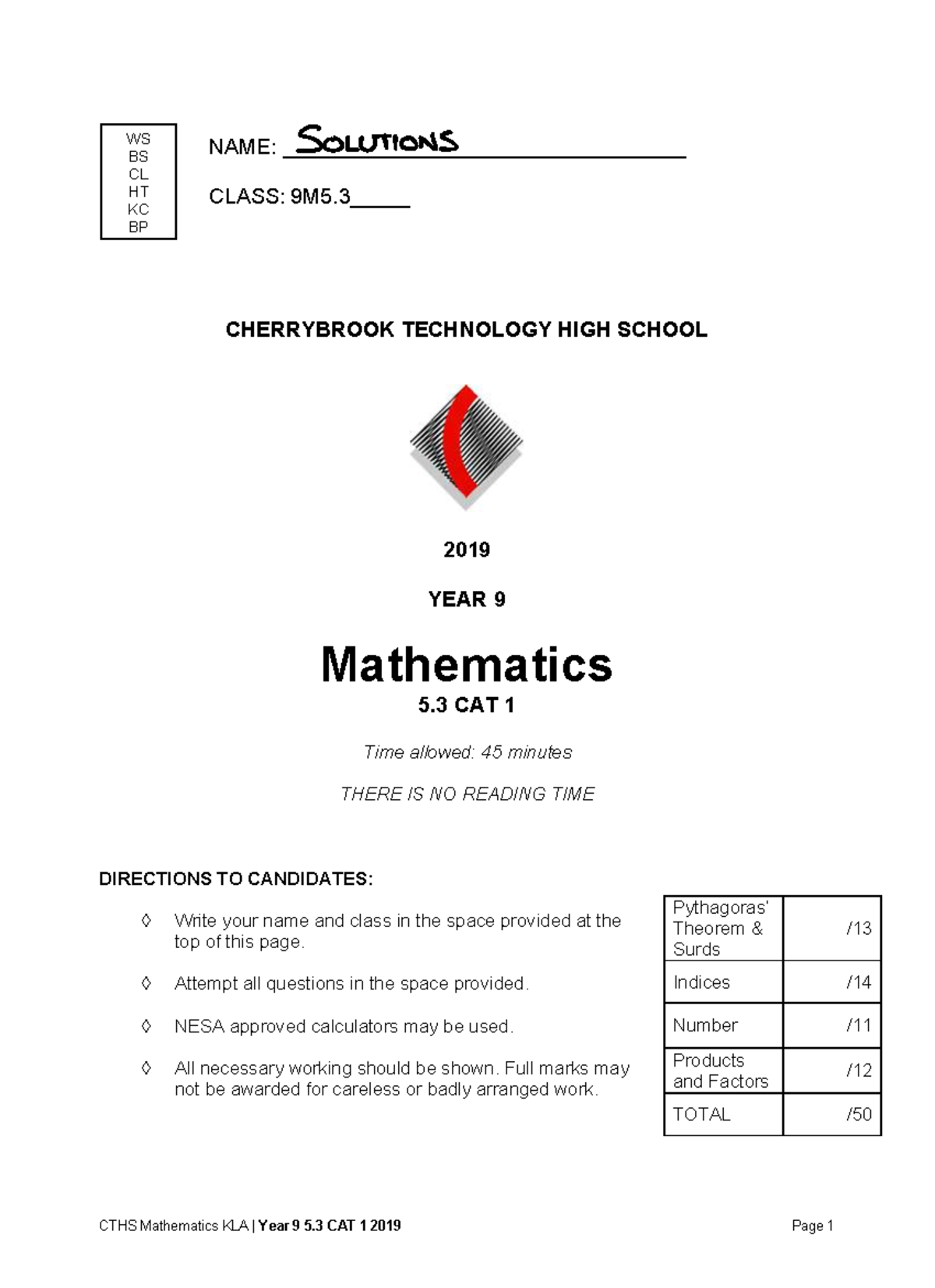 2019 Year 9 Mathematics 5.3 CAT 1 Solutions - Cherrybrook High - Studocu