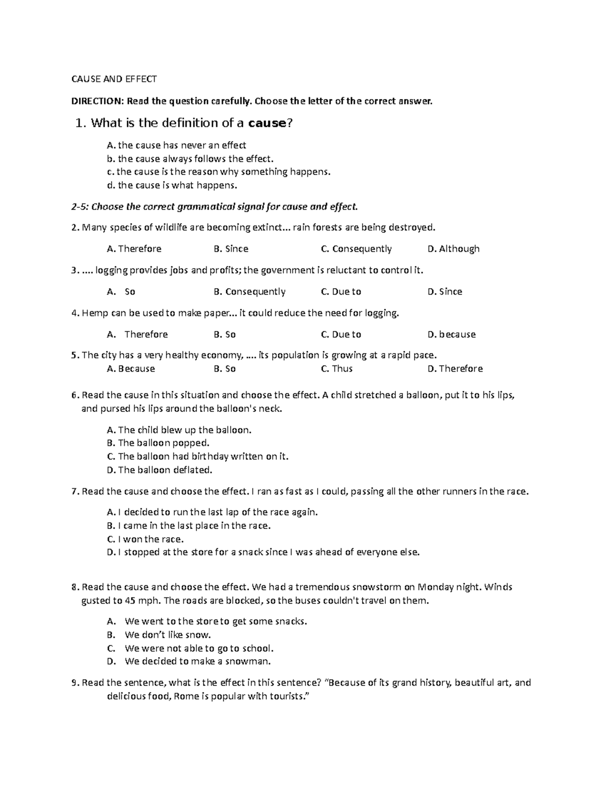 Cause and Effect Test - Questions & Answers - Studocu