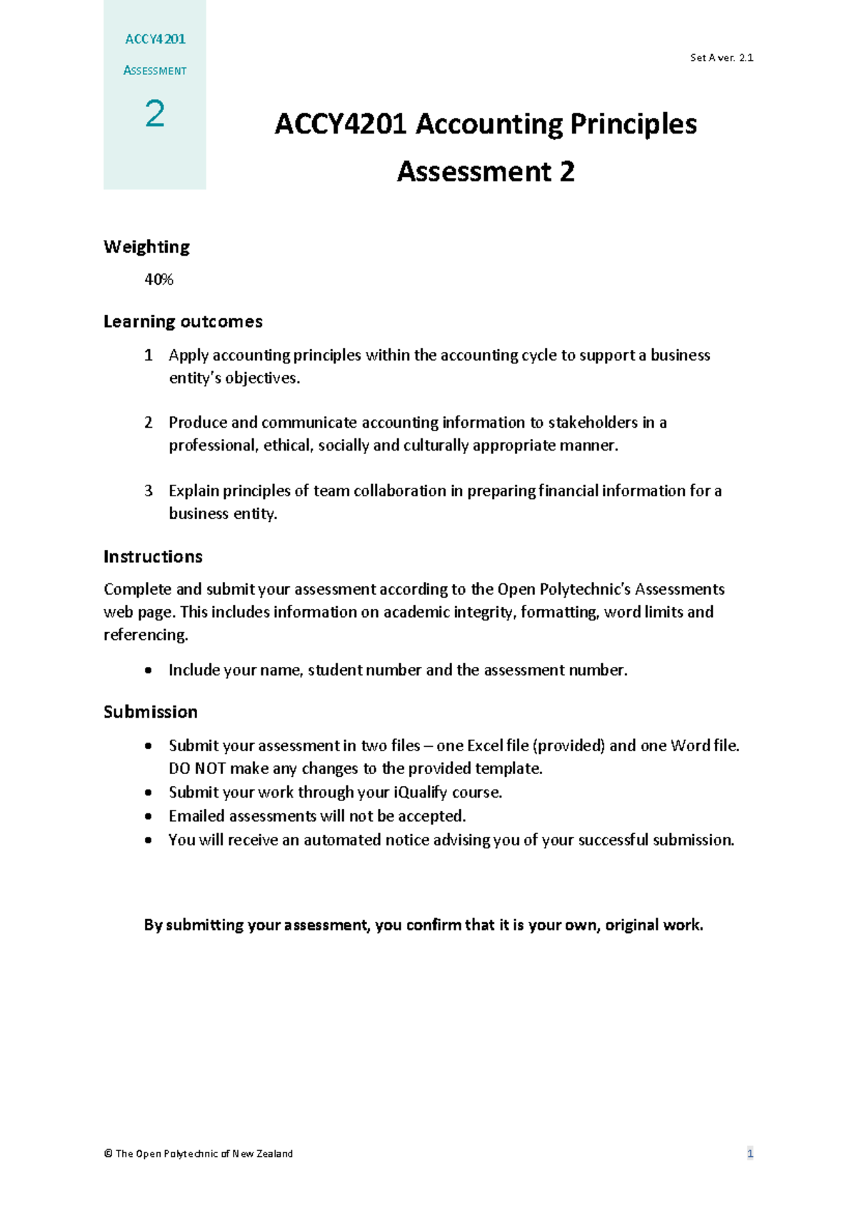 ACCY4201 Assessment 2: Accounting Principles & Financial Statements ...