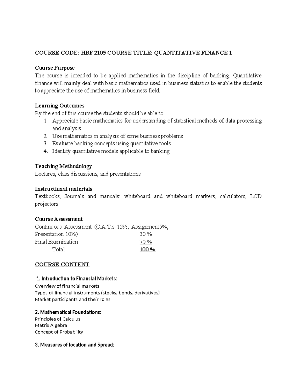 HBF 2105 Quantitative Finance 1 Comprehensive Course Outline - Studocu