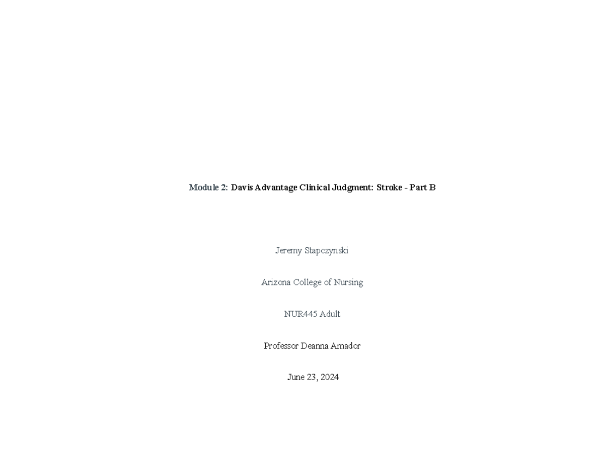 NUR445 Clinical Judgment: SBAR for Stroke Patient Case Study Part B - Studocu