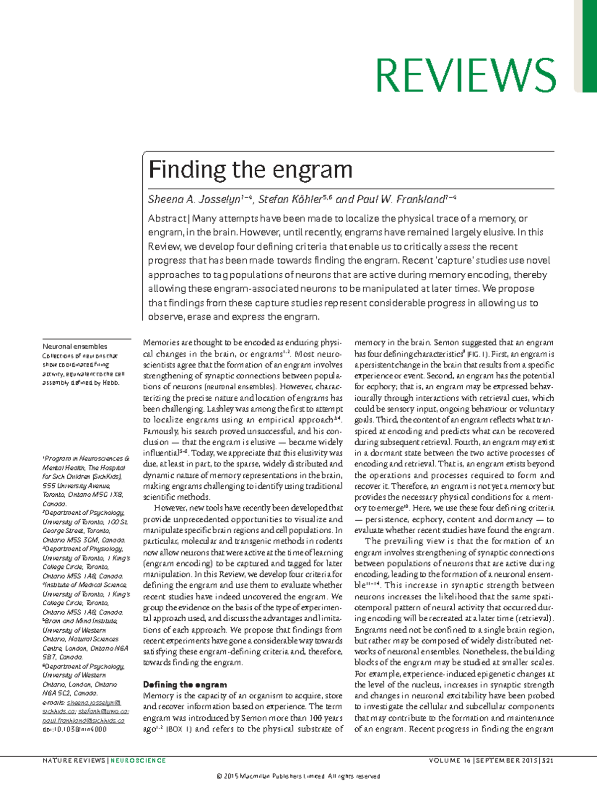 Allocation and Manipulation of Engram Neurons in Memory Retrieval (NEURO 101) - Studocu