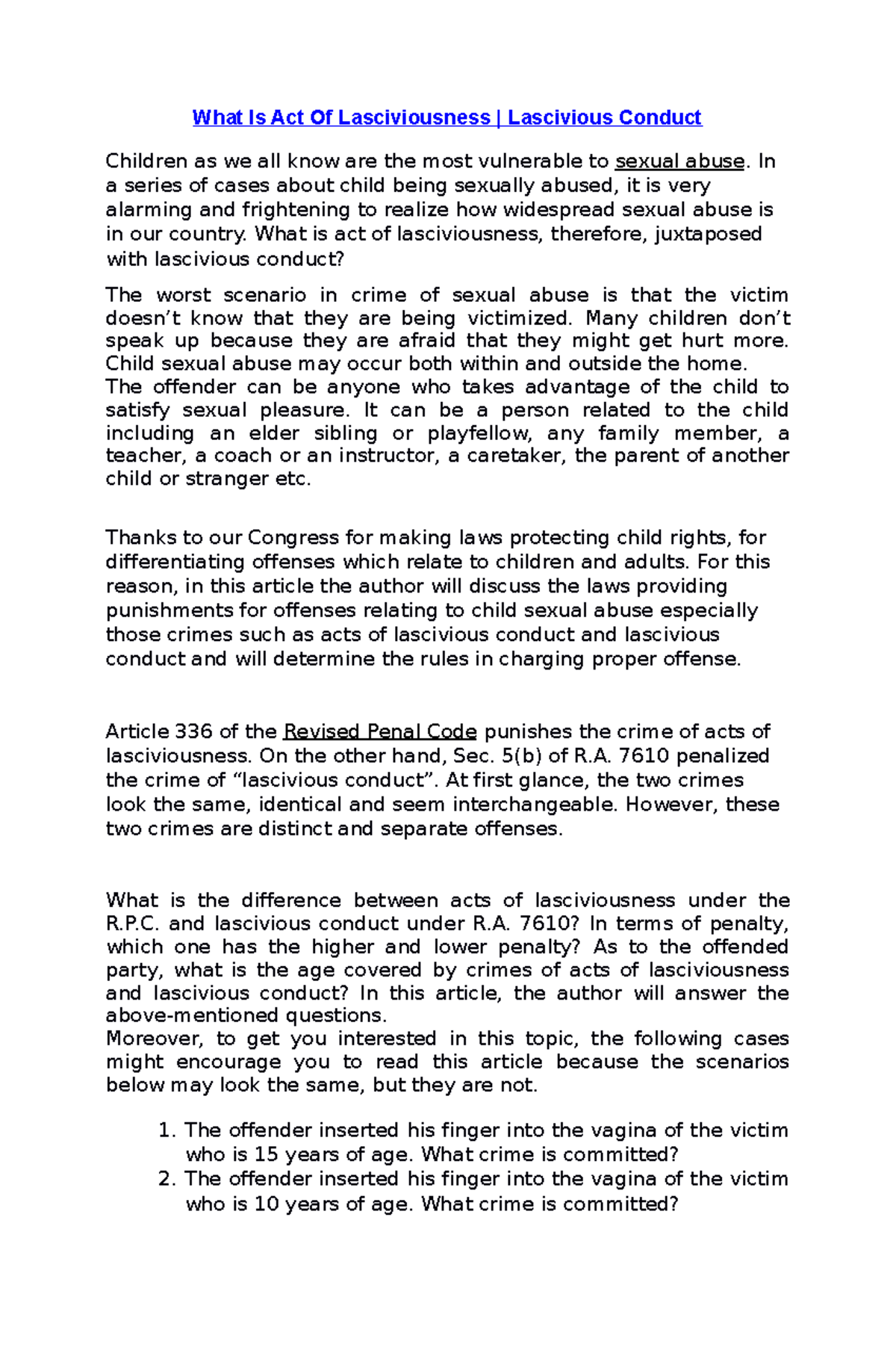 Understanding Acts of Lasciviousness: Legal Implications in Child Abuse ...