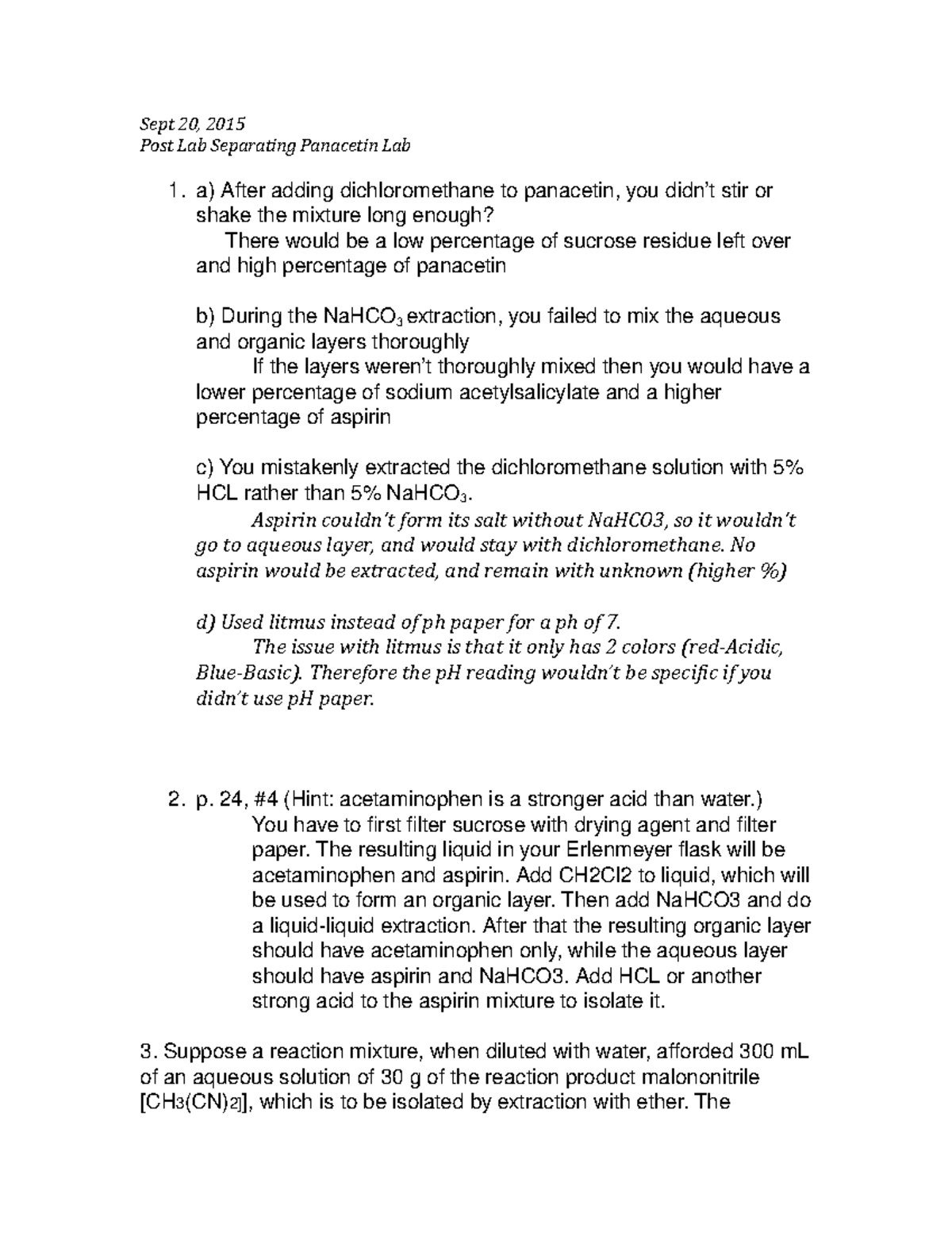 Post Lab Report: Separation Techniques in Panacetin (Chem 101) - Studocu
