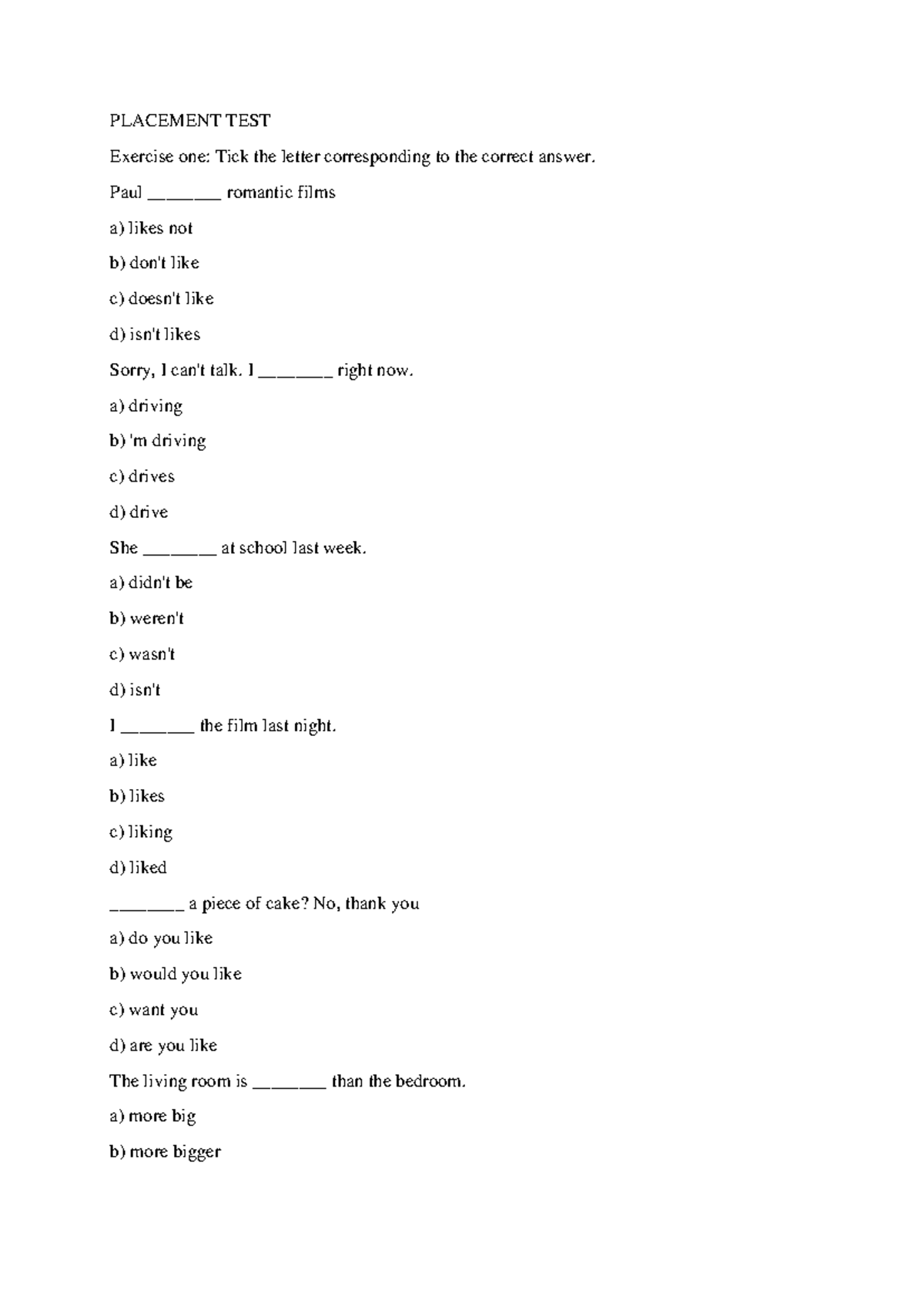 Placement Test - Exercise Questions and Answers - Studocu