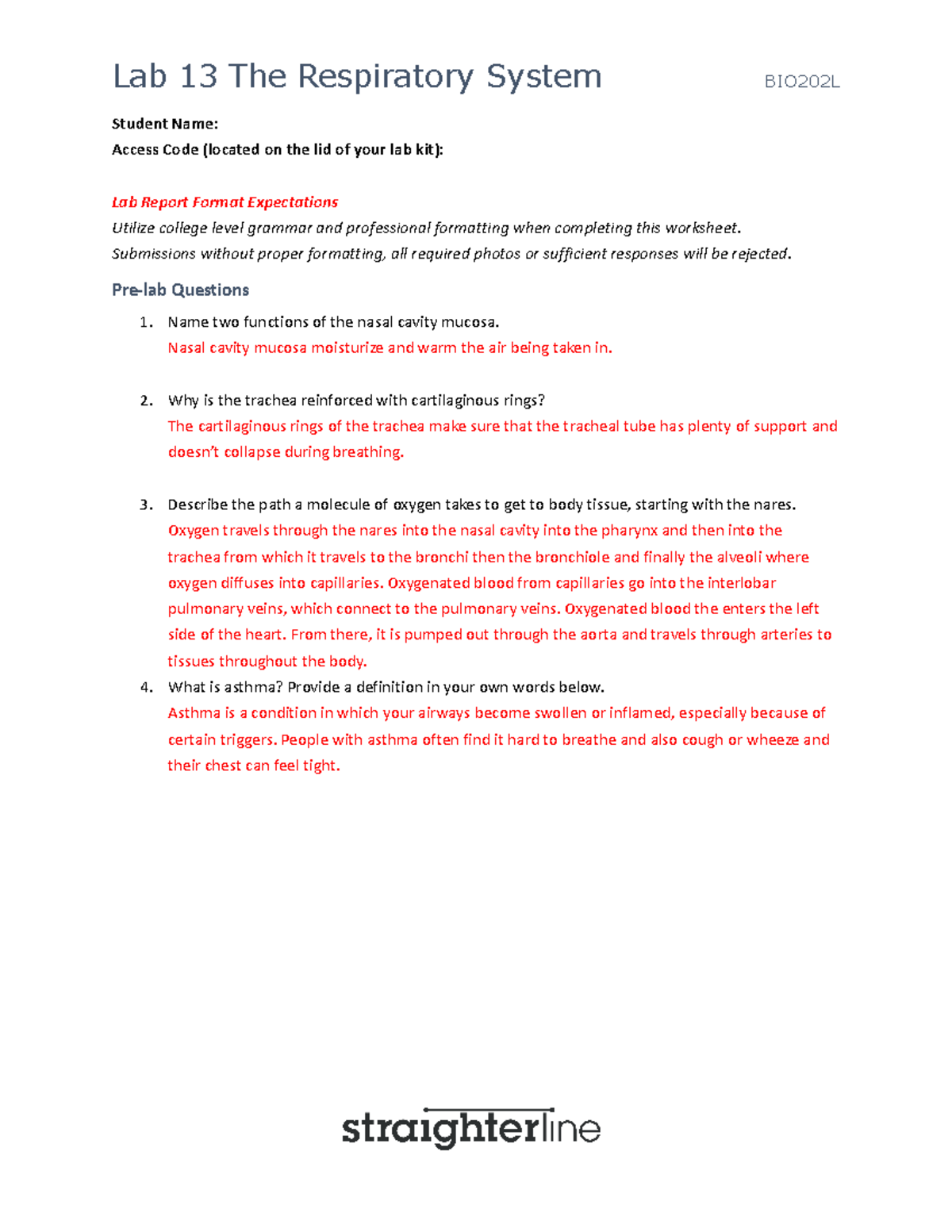 Lab 13 Respiratory - Student Name: Access Code (located on the lid of your lab kit): Lab Report ...