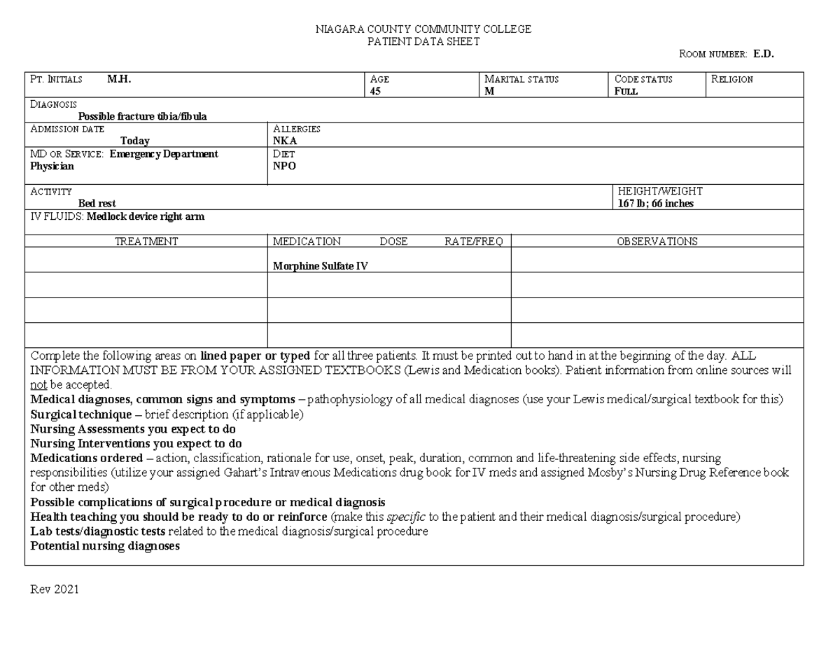 MH Patient Data Sheet - Sim Lab 2021: Essential Info & Care Guide - Studocu