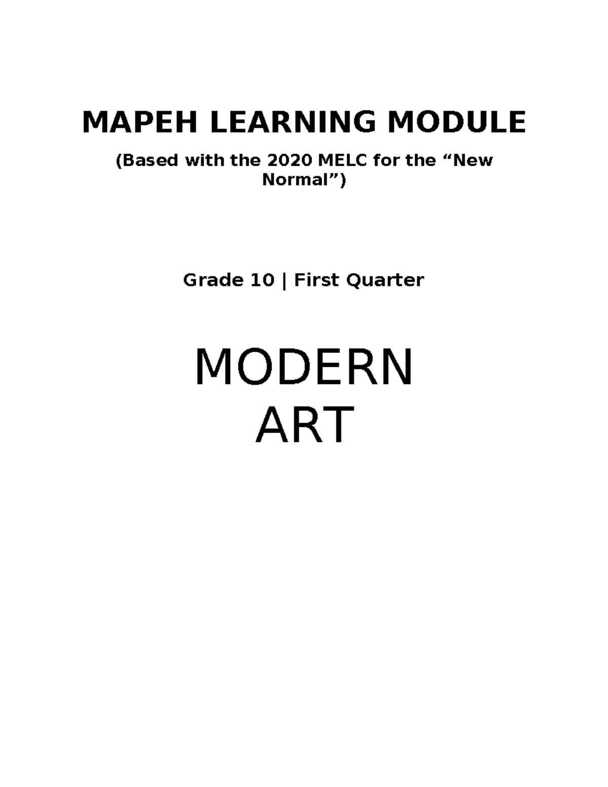 ARTS 1: Grade 10 MAPEH Module on Modern Art Movements - Studocu