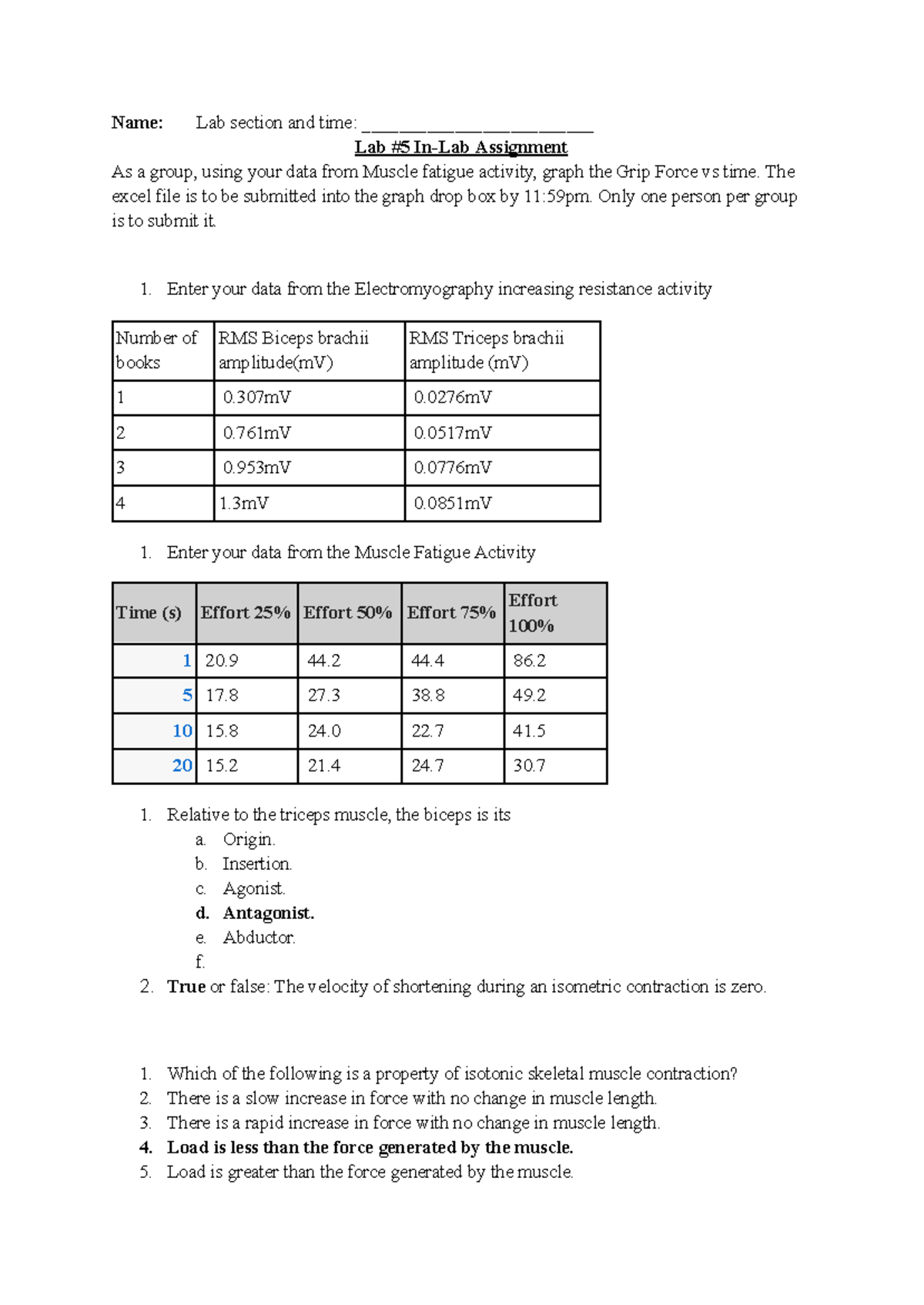 Lab 05 - Muscle Fatigue Activity Assignment and Data Analysis - Studocu