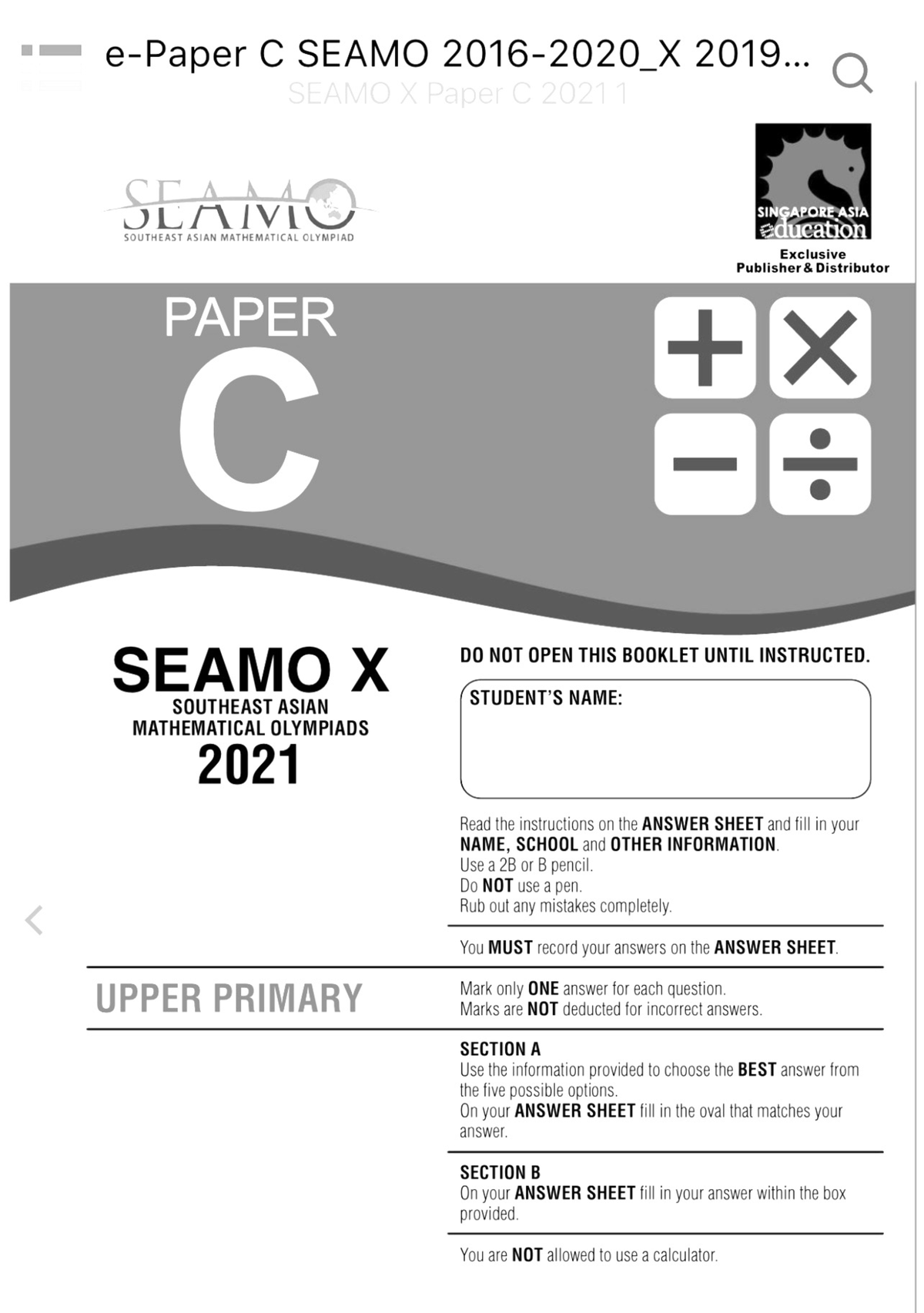 Seamo X 2021 Paper C (NO Answers) - MA1301 - Studocu