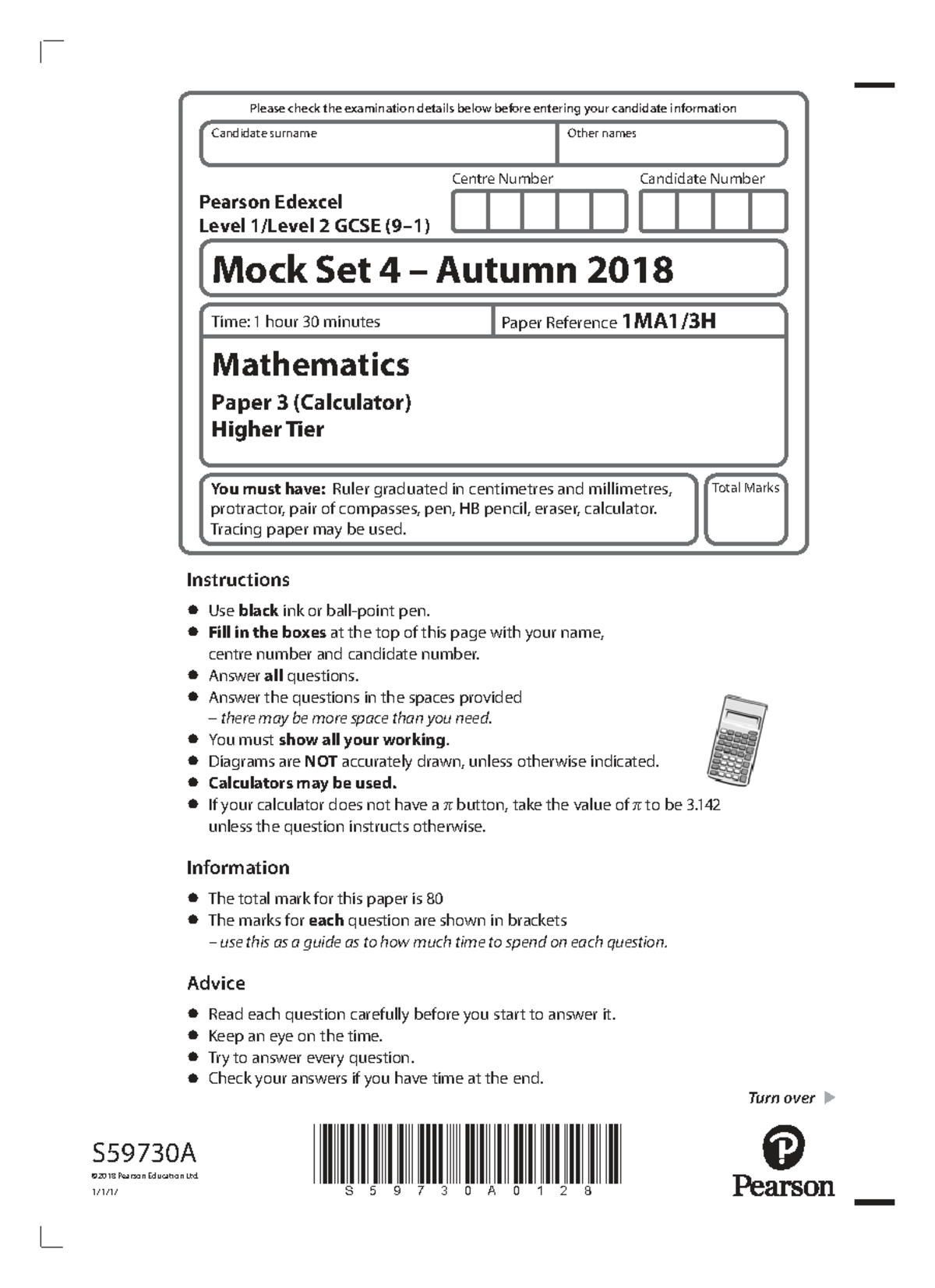 GCSE (9-1) Mathematics Mock Exam Set 4 Paper 3H - Autumn 2018 - Studocu