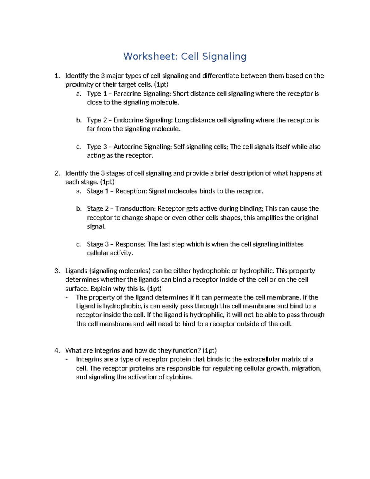 Cell Signaling Worksheet: Types, Stages, and Mechanisms Explained - Studocu